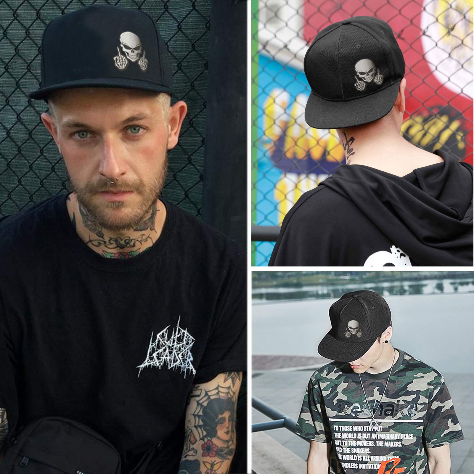 Skull Middle Finger Flat Bill Hat Snapback Hats for Men Baseball Cap Fitted Trucker Mens Cool Rock N Roll Caps for Mens Dad Fitted Adjustable Hip Hop