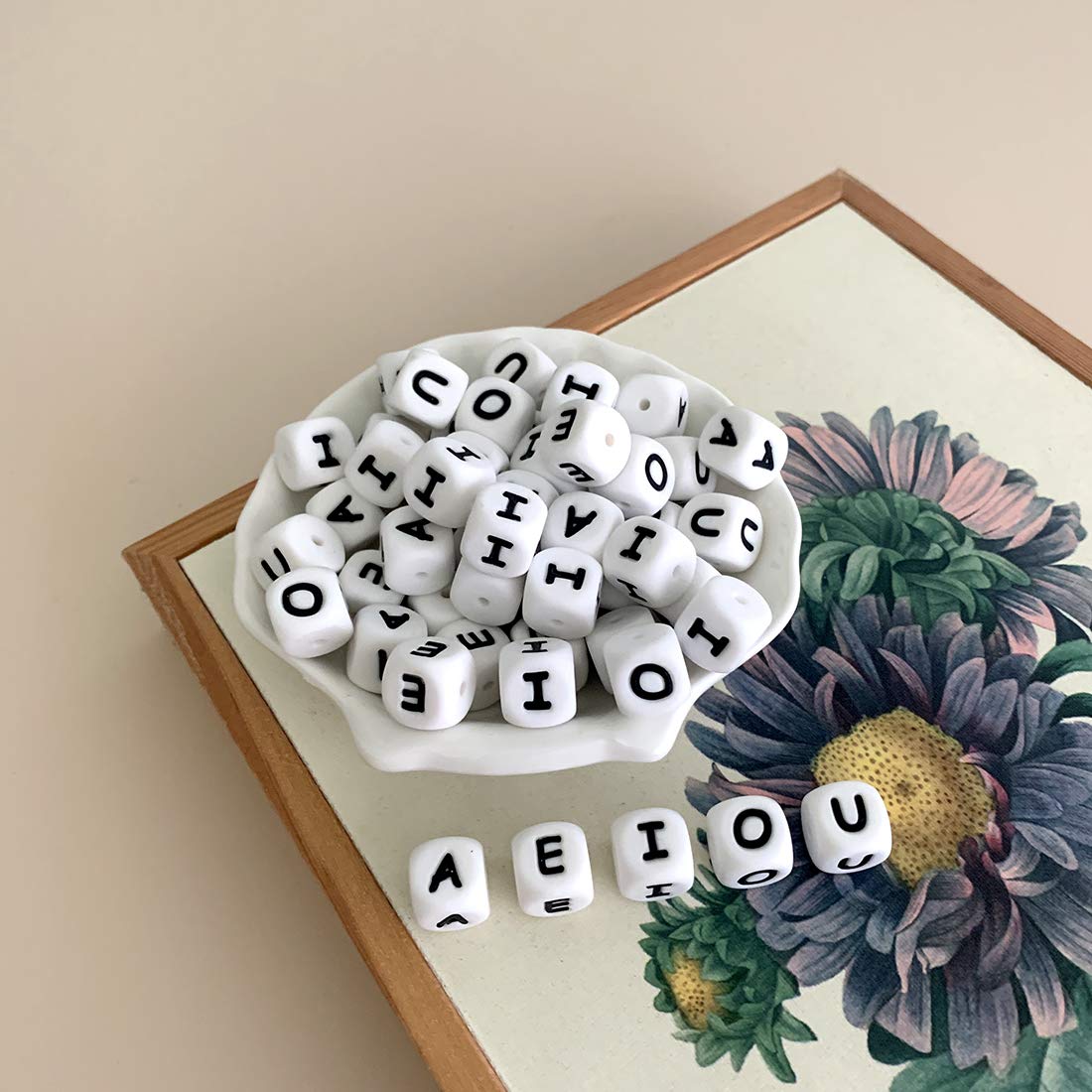 Promise Babe 12mm Square Silicone Alphabet Beads 40pc Vowel AEIOU Letters for DIY Nursing Necklace Baby Teething Beads