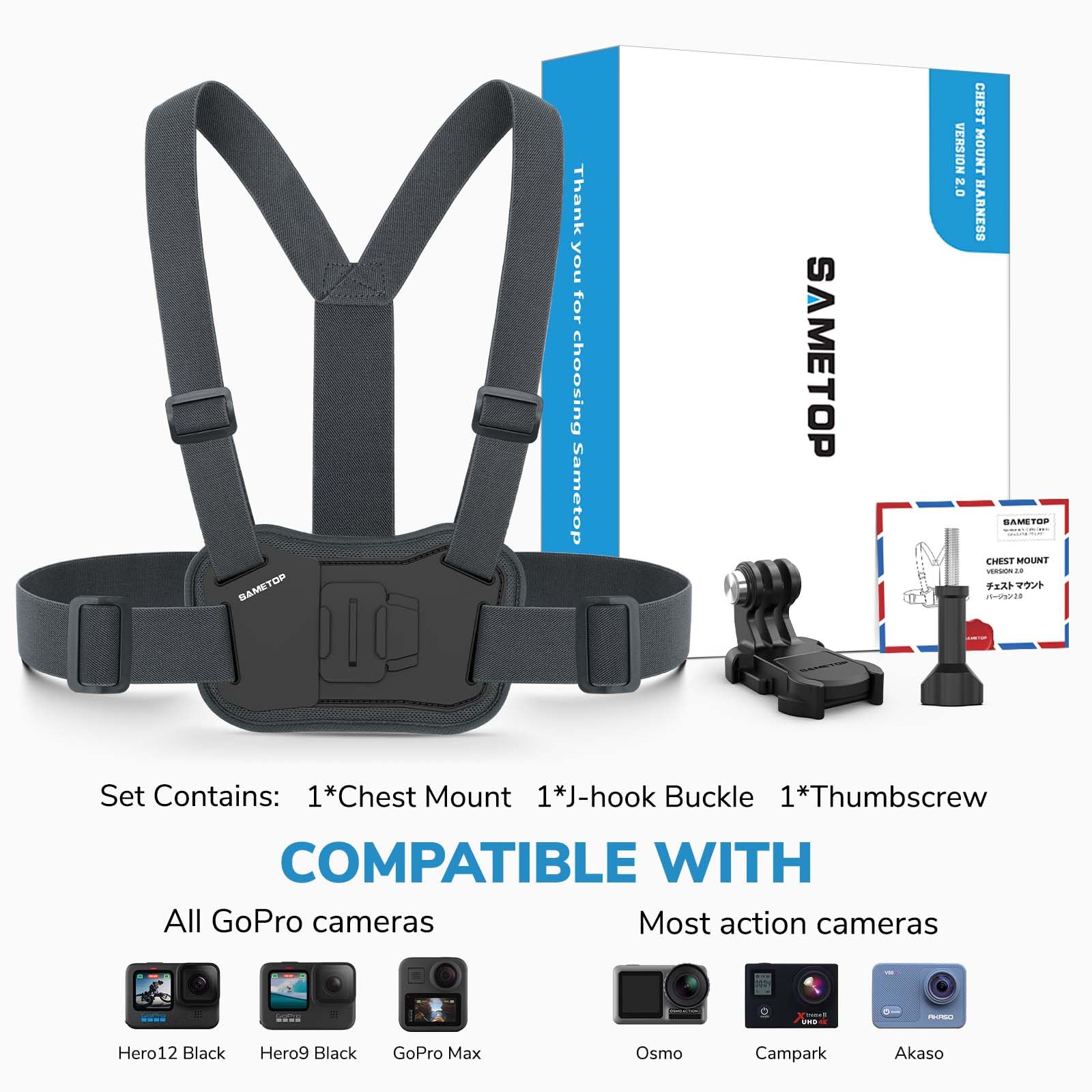 Sametop Chest Mount Harness Chesty Strap Compatible with GoPro Hero 12 11 10 9 8 7 6 5 Session AKASO DJI Osmo Action Cameras - Balance Stability and Comfort Performance