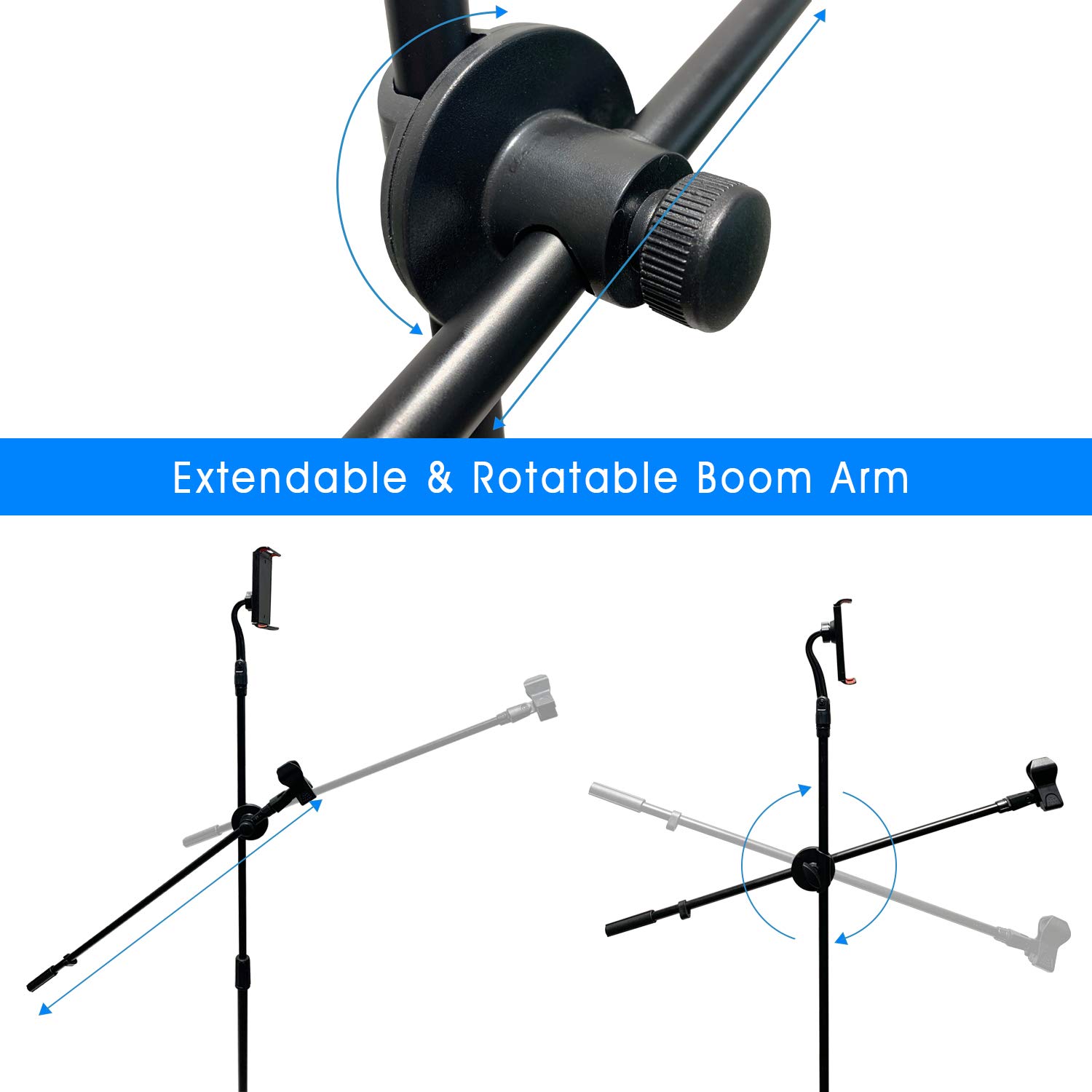 RHM Microphone Stand with Tablet Holder, Lightweight Adjustable Collapsible Tripod Boom Mic Stand with 2 Clips,Extendable Telescopic Boom Arm for Karaoke,Speech,Studio,Party,Wedding