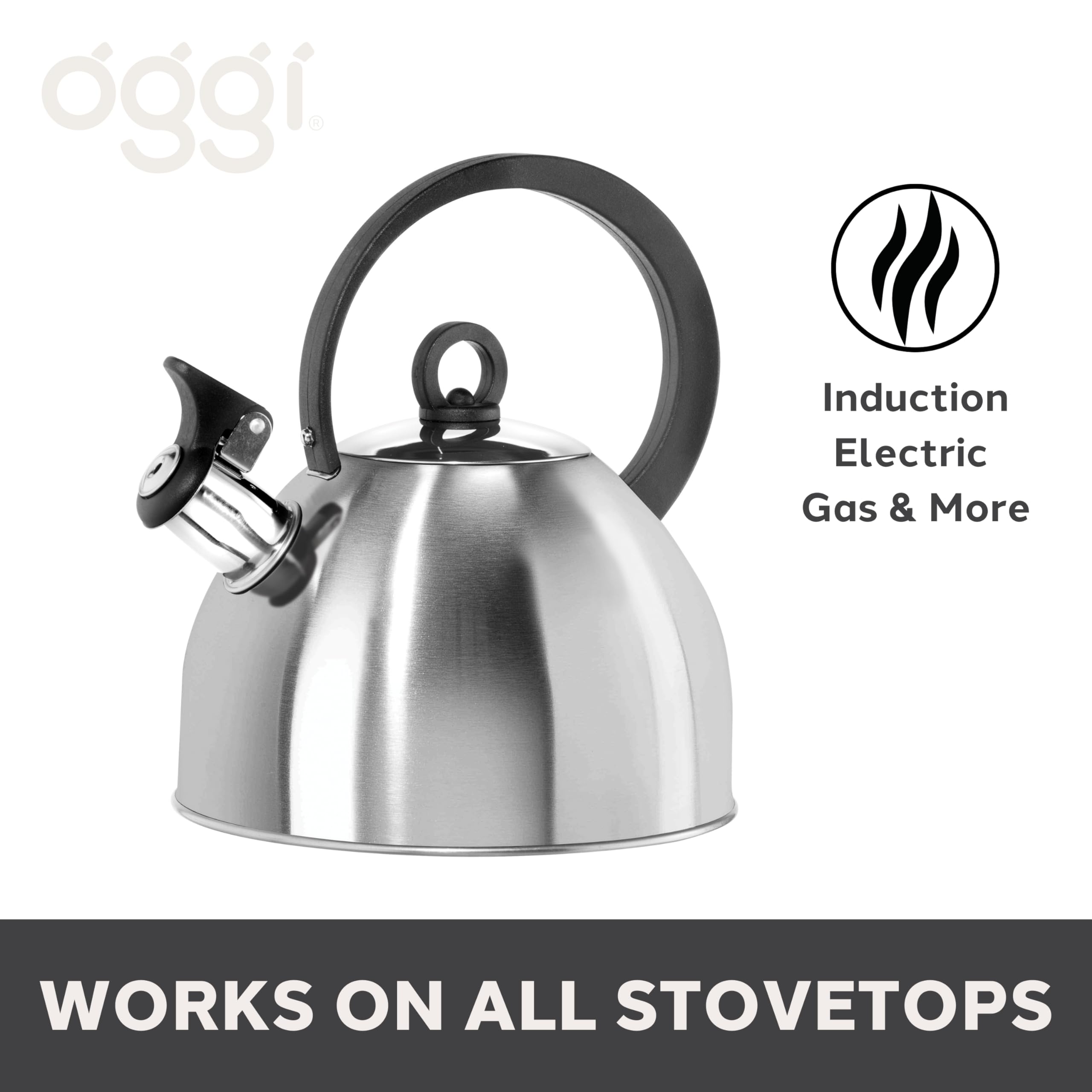 OGGI Tea Kettle for Stove Top - 64oz / 1.9lt, Stainless Steel Kettle with Loud Whistle, Ideal Hot Water Kettle and Water Boiler - Black