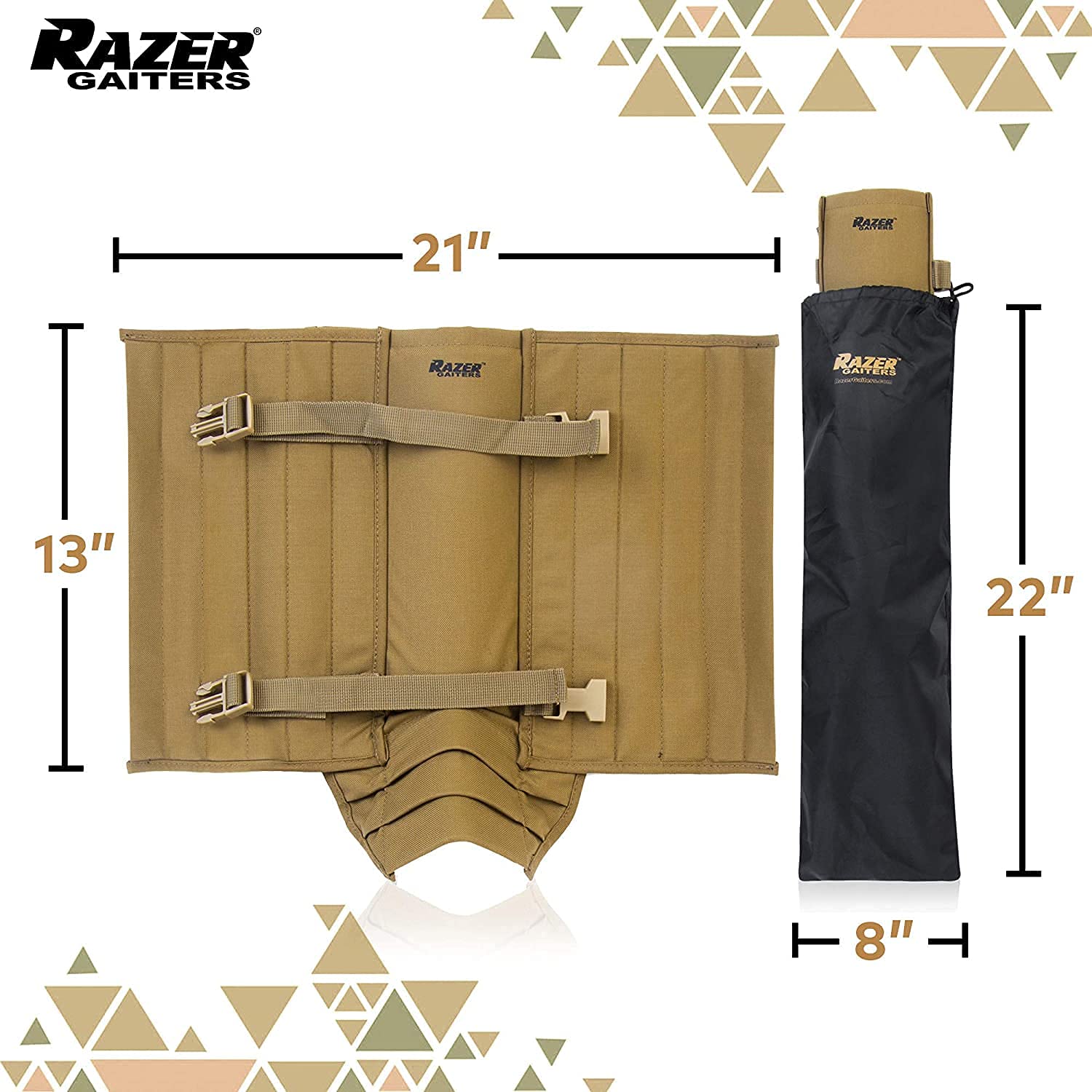 Razer Snake Gaiters for Hiking and Hunting - Snake Bite Protection Guards for Lower Legs with Storage Bag, Heavy Duty, Adjustable, Lightweight Design fits Men and Women - Lab Tested in USA (Tan)