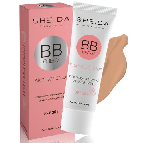 SHEIDA BB CREAM 50 ML, SPF 30 UVA+UVB Protected skin perfector, Multi-Function BB Cream & Mineral Sunscreen, Orange peel extract with vitamin E&C moisturizes, Flawless Coverage, Repairs Lines and Wrinkles