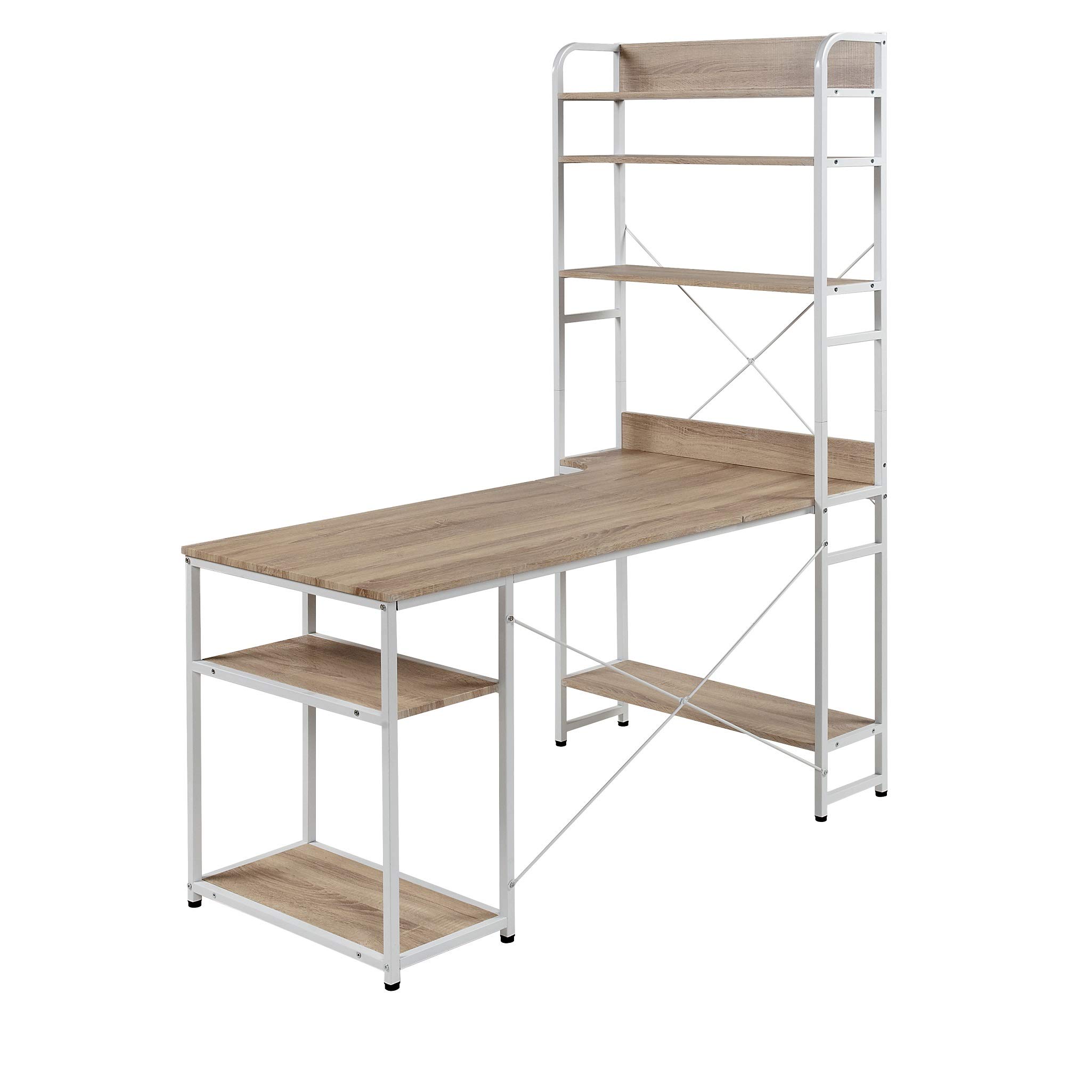 Rhomtree Computer Desk with 4 Tier Storage Shelves Large L-Shaped Home Office Desk PC Laptop Writing Table Workstation with Hutch Bookshelf (Oak)
