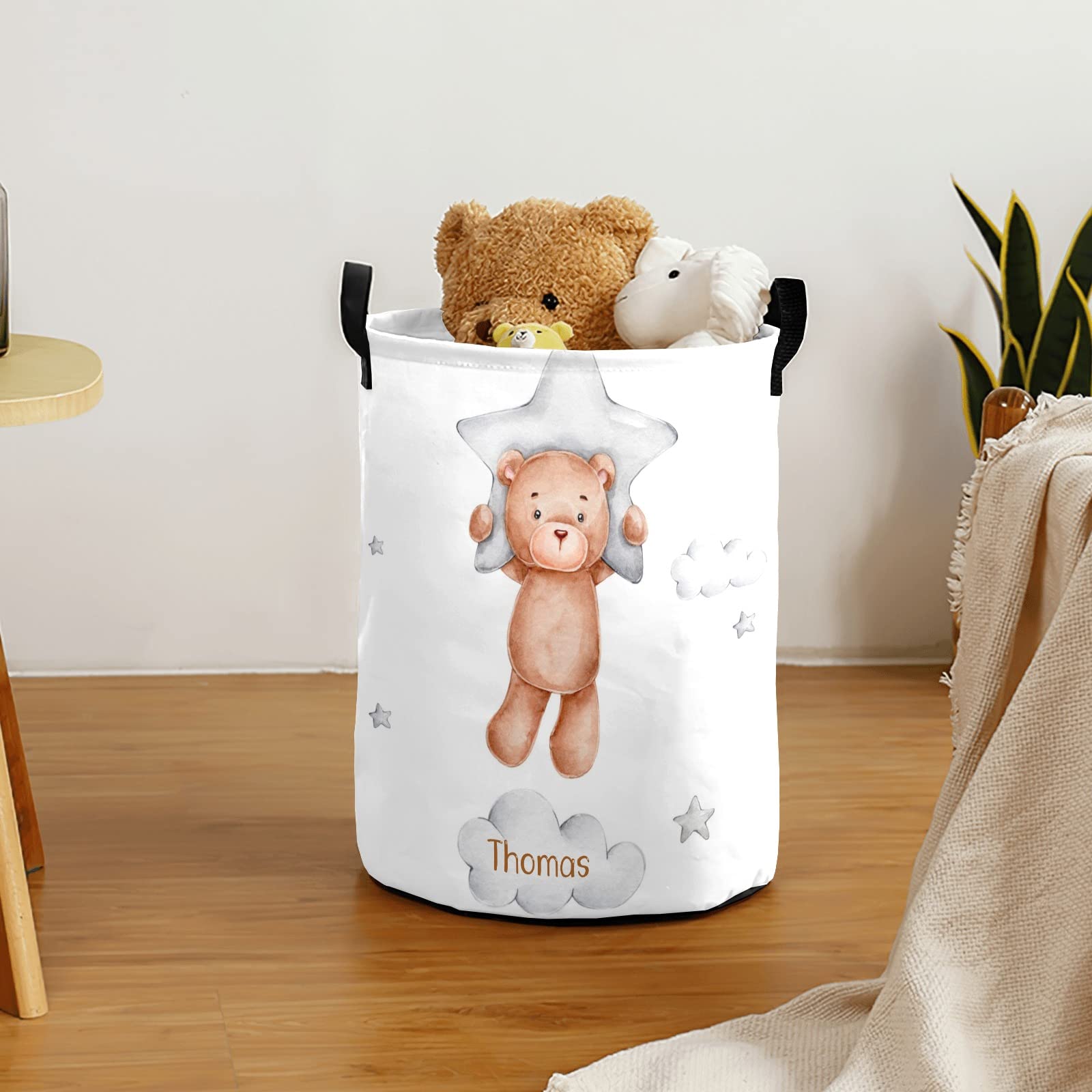 Teddy Bear Stars Personalized Laundry Hamper,Custom Name Collapsible Waterproof Laundry Basket Storage Bins with Handle for Clothes,Toy,Nursery