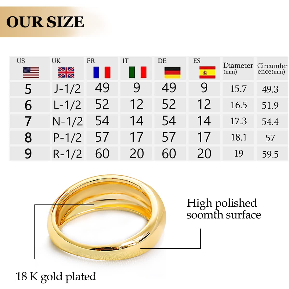WFYOU 8PCS 18K Gold Plated Chunky Rings for Women Thick Dome Chunky Gold Ring Set Croissant Signet Minimalist Statement Ring Jewelry Size 5-9