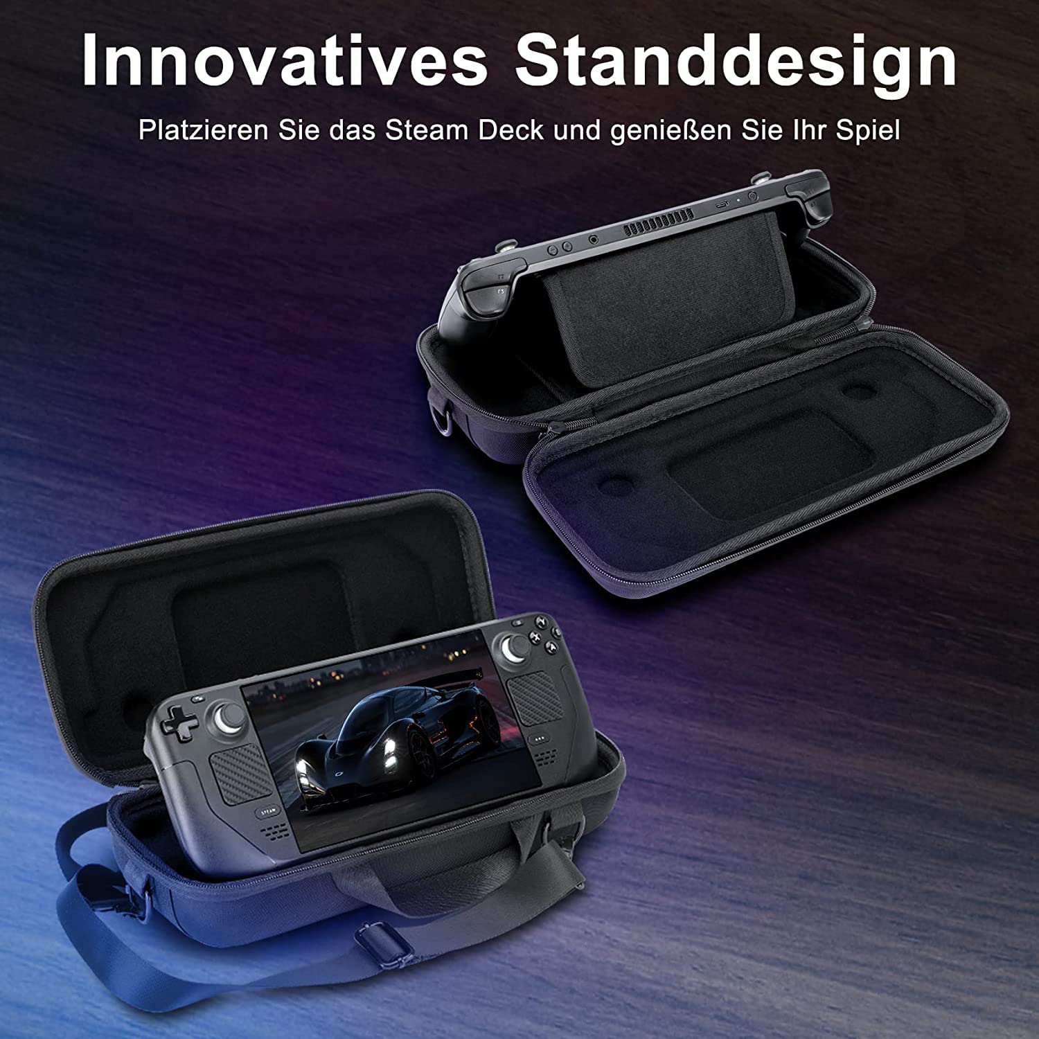 Xiufavty Steam Deck Carrying Case with Deeper Space & Sling Strap, Built-in Power Bank/AC Charger/Dock Storage, Elastic Belt Hard Shell Travel Carry Case Bag for Steam Deck with Any Protective Case