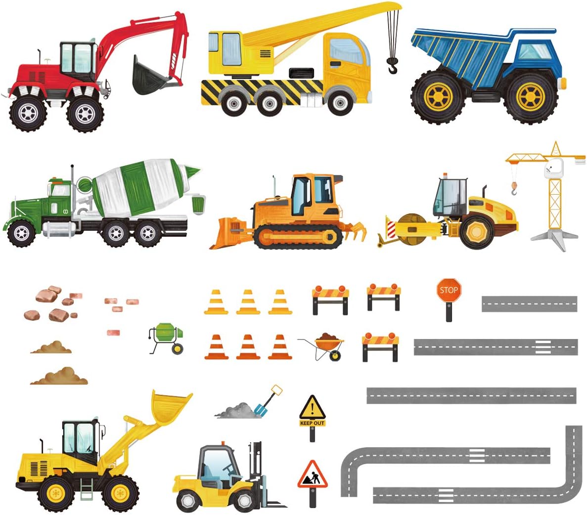 Runtoo Construction Vehicles Wall Decals Road Trucks Tractor Wall Stickers Kids Boys Bedroom Nursery Wall Décor