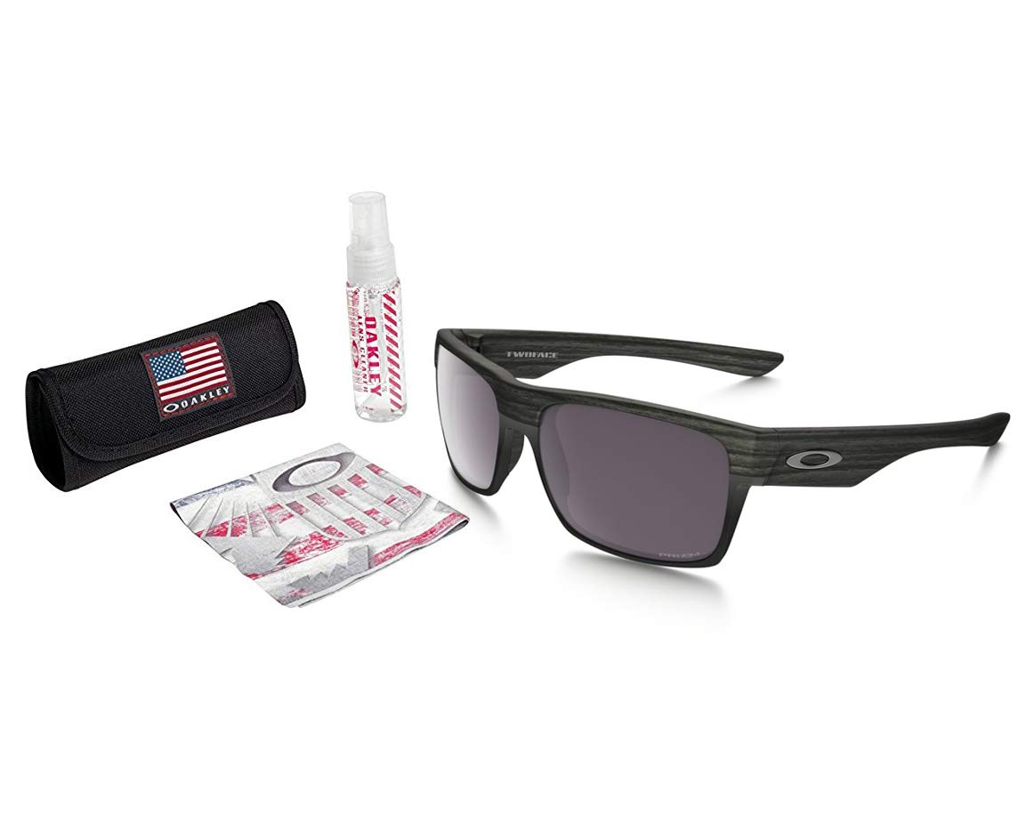 Oakley Twoface Sunglasses (Woodgrain Frame/Prizm Daily Polarized Lens) with USA Flag Lens Cleaning Kit