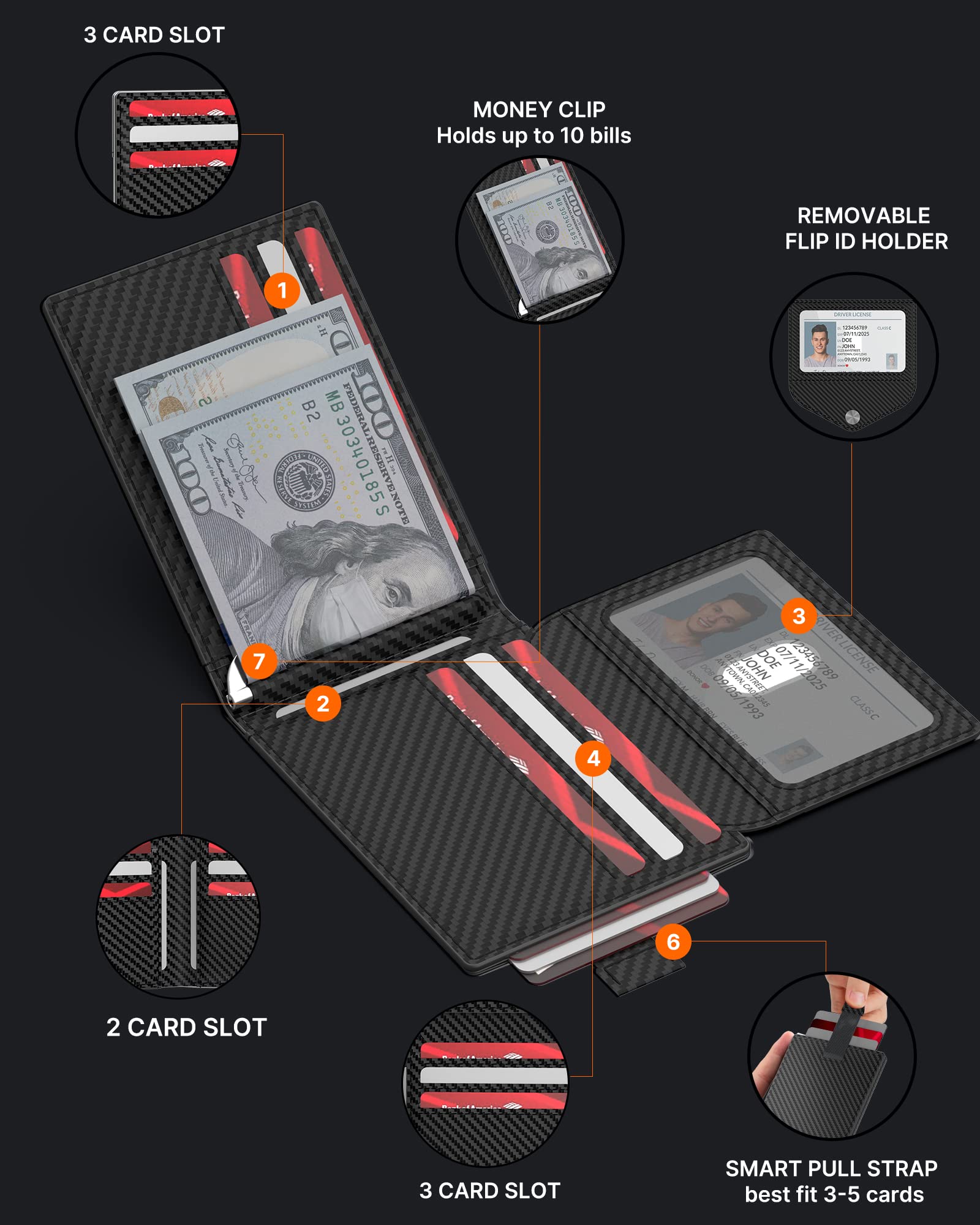 Wallet for Men with Stealth Pocket for Airtag: Leather Wallet with 3 in 1 Design, Removable ID Window, RFID Blocking, 17 Card Capacity, Slim, Carbon Fiber, Bill Divider, Front Wallet with Gift Box