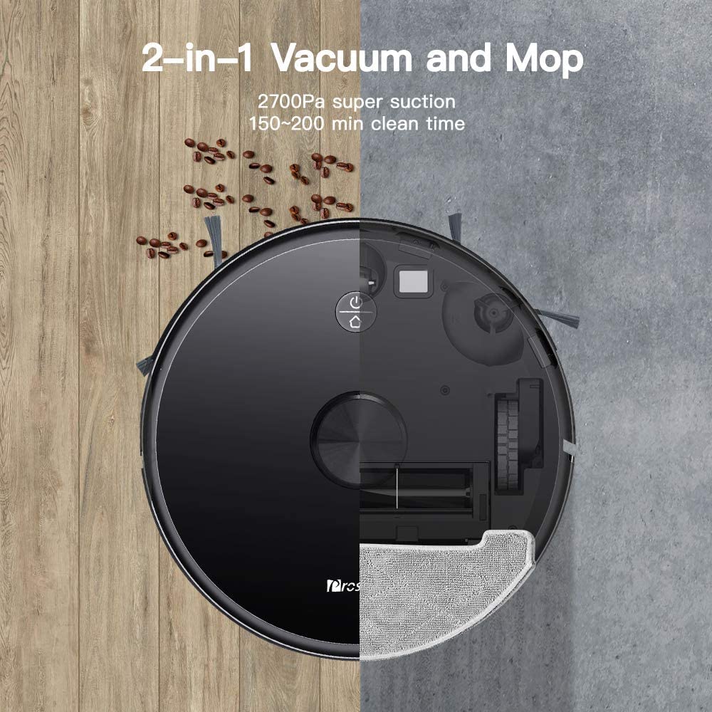 Proscenic M7 Pro Robot Vacuum Cleaner, Laser Navigation, 2700Pa Powerful Suction, APP & Alexa Control, Multi Floor Mapping, Ideal for Pets Hair, Carpets and Hard Floors, Black
