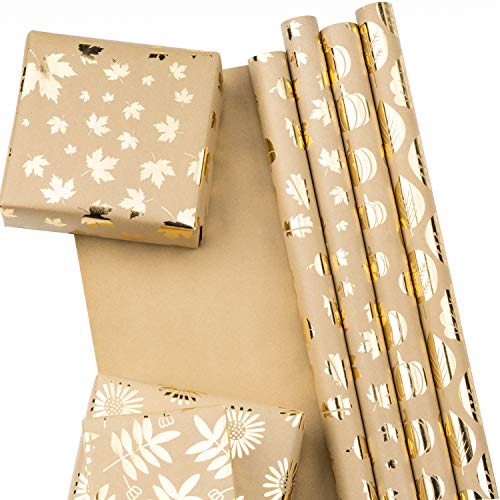 RUSPEPA Wrapping Paper Roll Sheets Kraft Paper - Pumpkin and Maple Leaf Autumn Design Gold Foil - 17.5 x 30 inches Each Sheet, Total of 6 Sheets Packed in 1 roll