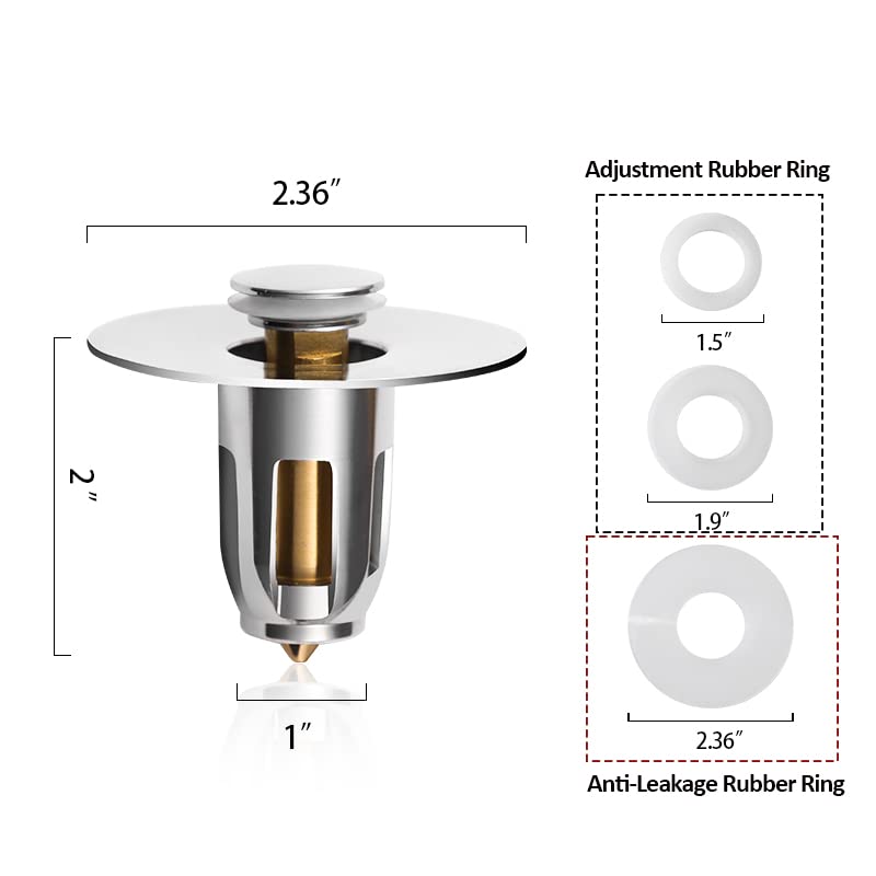 Westablize 2 Pack Universal Silver Bathroom Pop Up Sink Stopper with Basket, Sink Drain Plug for 1.02"-1.96" Drain Holes, Brass and Stainless Steel Sink Drain Stopper