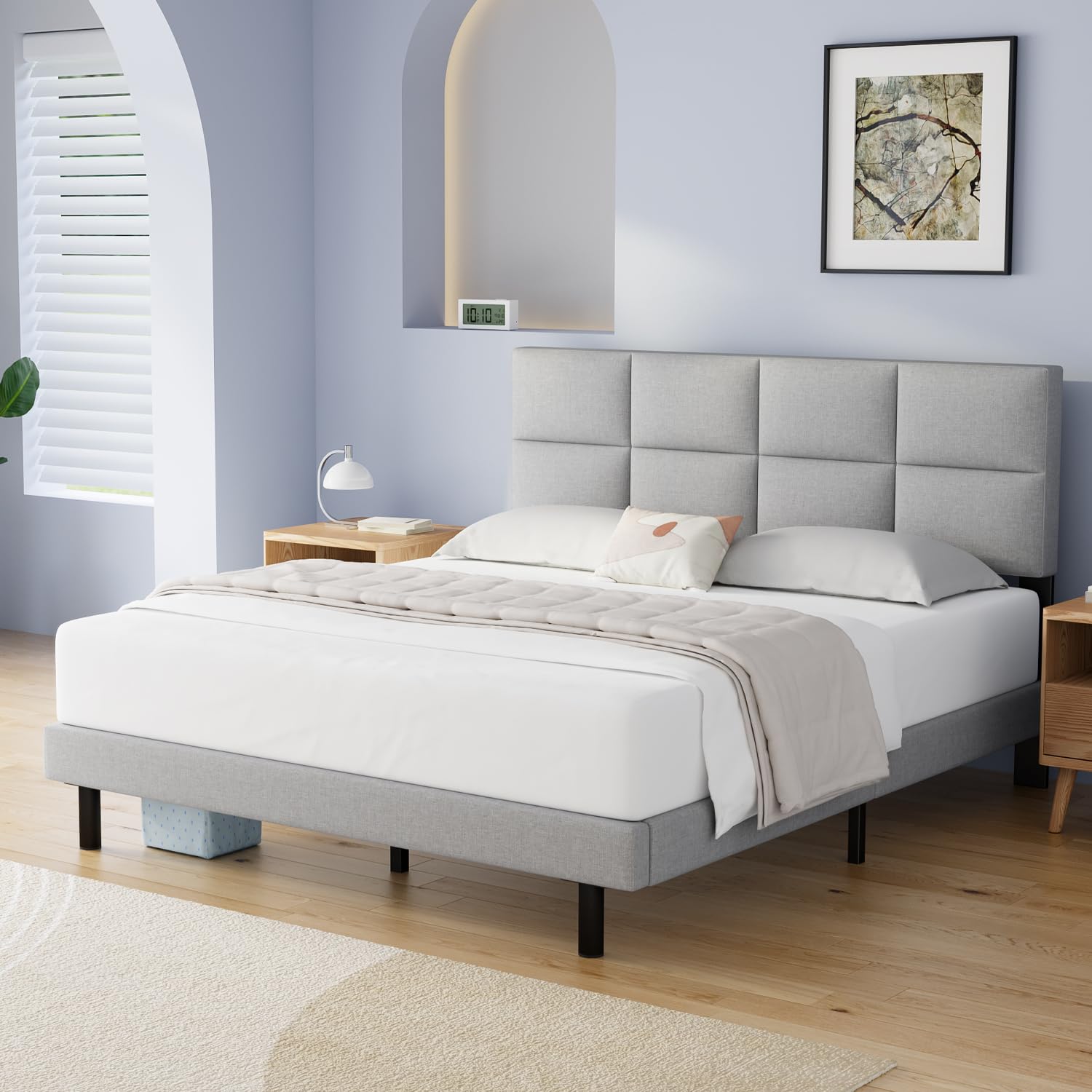 Molblly Full Size Bed Frame with Upholstered Headboard, Strong Frame, and Wooden Slats Support, Non-Slip and Noise-Free, No Box Spring Needed, Easy Assembly, Light Grey