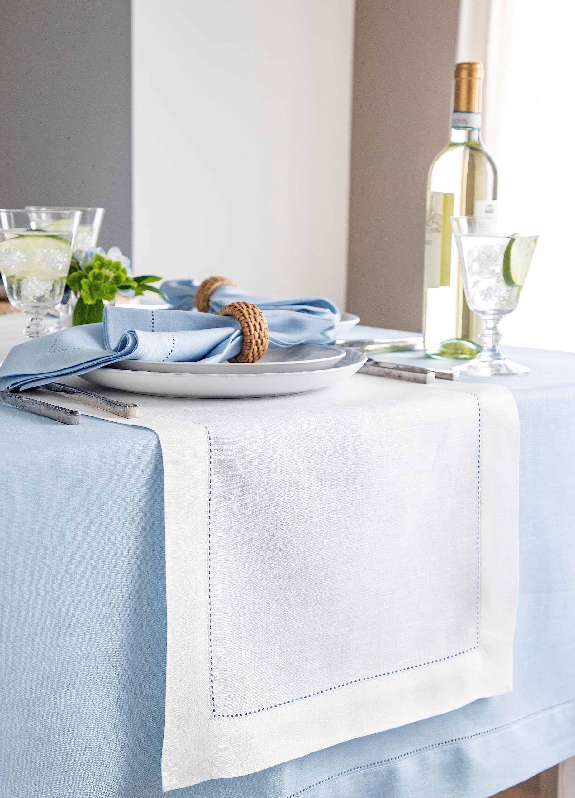 Solino Home White Linen Table Runner 54 inches – 100% Pure Linen 14 x 54 Inch Classic Hemstitch Table Runner – Small Coffee Farmhouse Table Runner for Spring, Summer, Indoor, Outdoor