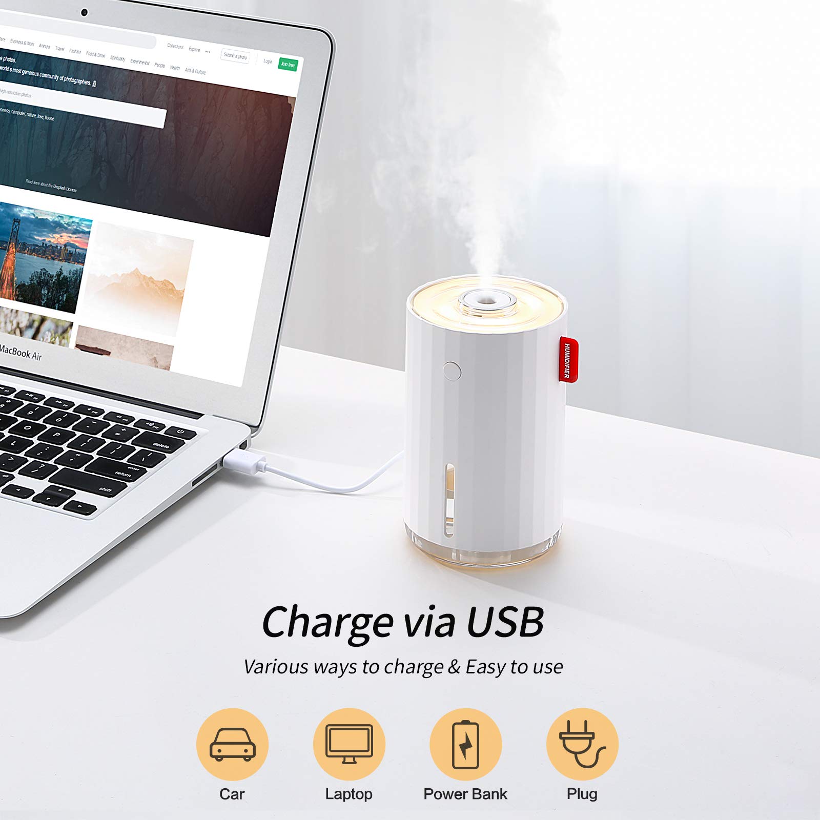 Portable Mini Humidifier, 280ml Small Cool Mist Humidifie with Night Light, USB Personal Desktop Humidifier for Bedroom Baby Travel Office Plants, Whisper Quiet, 2 Spray Modes, Auto Shut-Off, White