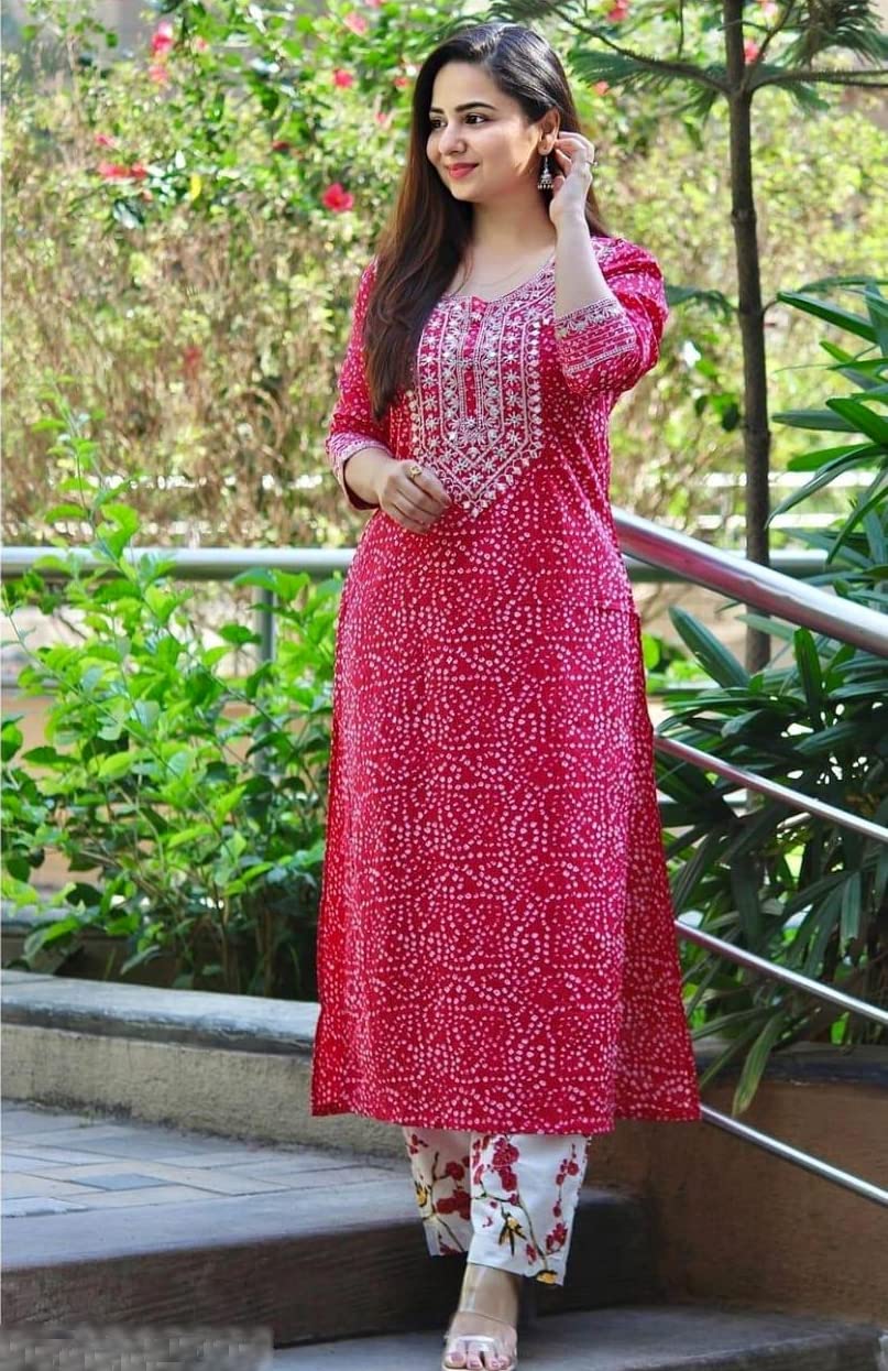Paru Fabrics Women's Cotton Printed Straight Embroidery Kurti with Pant (XL) Pink, X-Large
