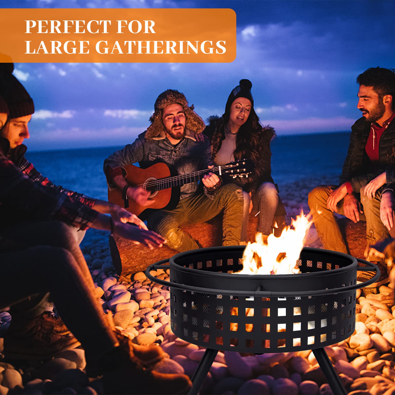 Vipush Fire Pit 30" Wood Burning Portable Outdoor Fire Pits - Large Steel BBQ Grill Fire Bowl with Spark Screen for Outside Patio Fire Poker Steel Round Fireplace for Camping Bonfire Beach Backyard