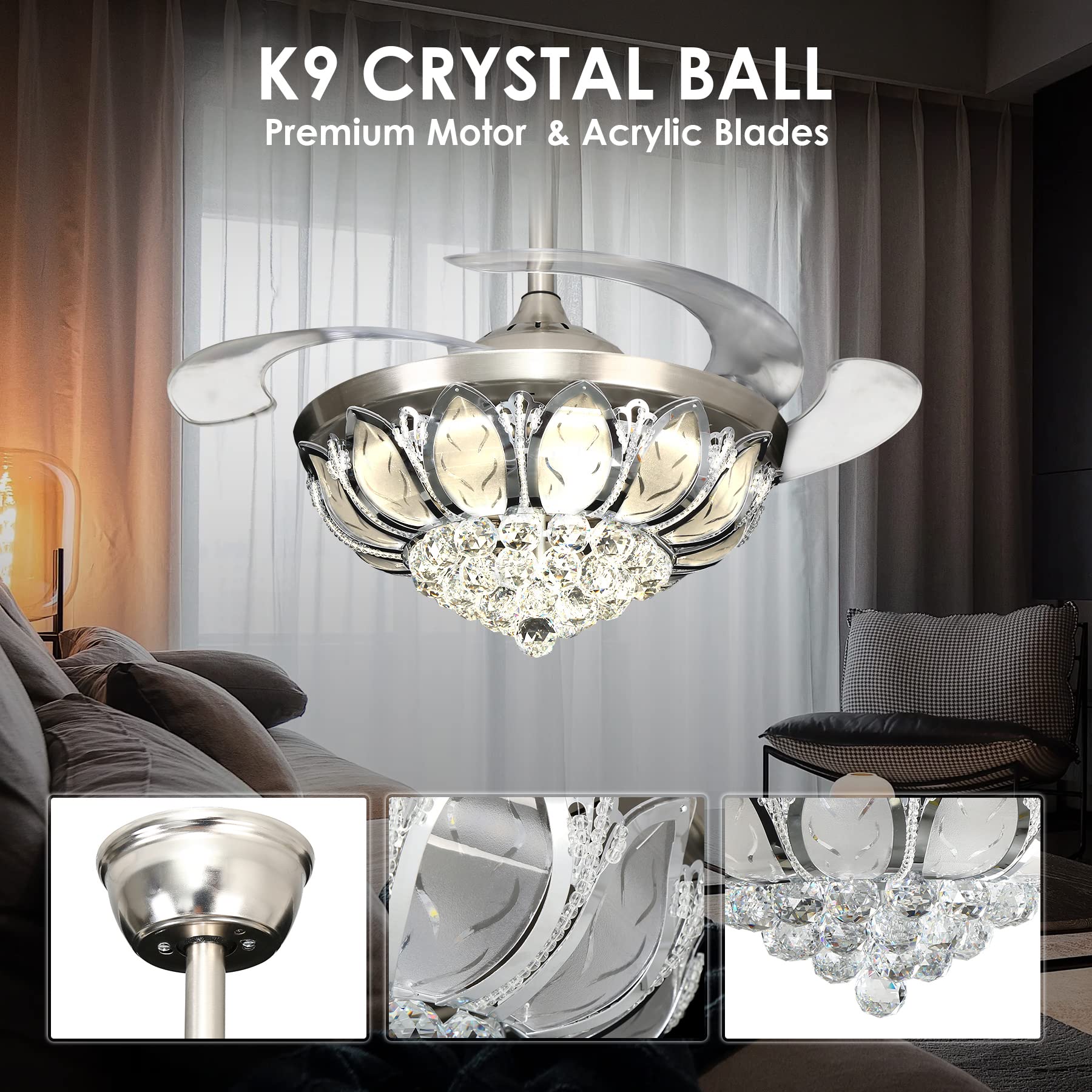 Ridgeyard 42" Crystal Ceiling Lamp Fan Light 3 Light Color LED Fan Chandelier Decorative Pendant Light with 4 Invisible Retractable Blades and Remote Control（Silver