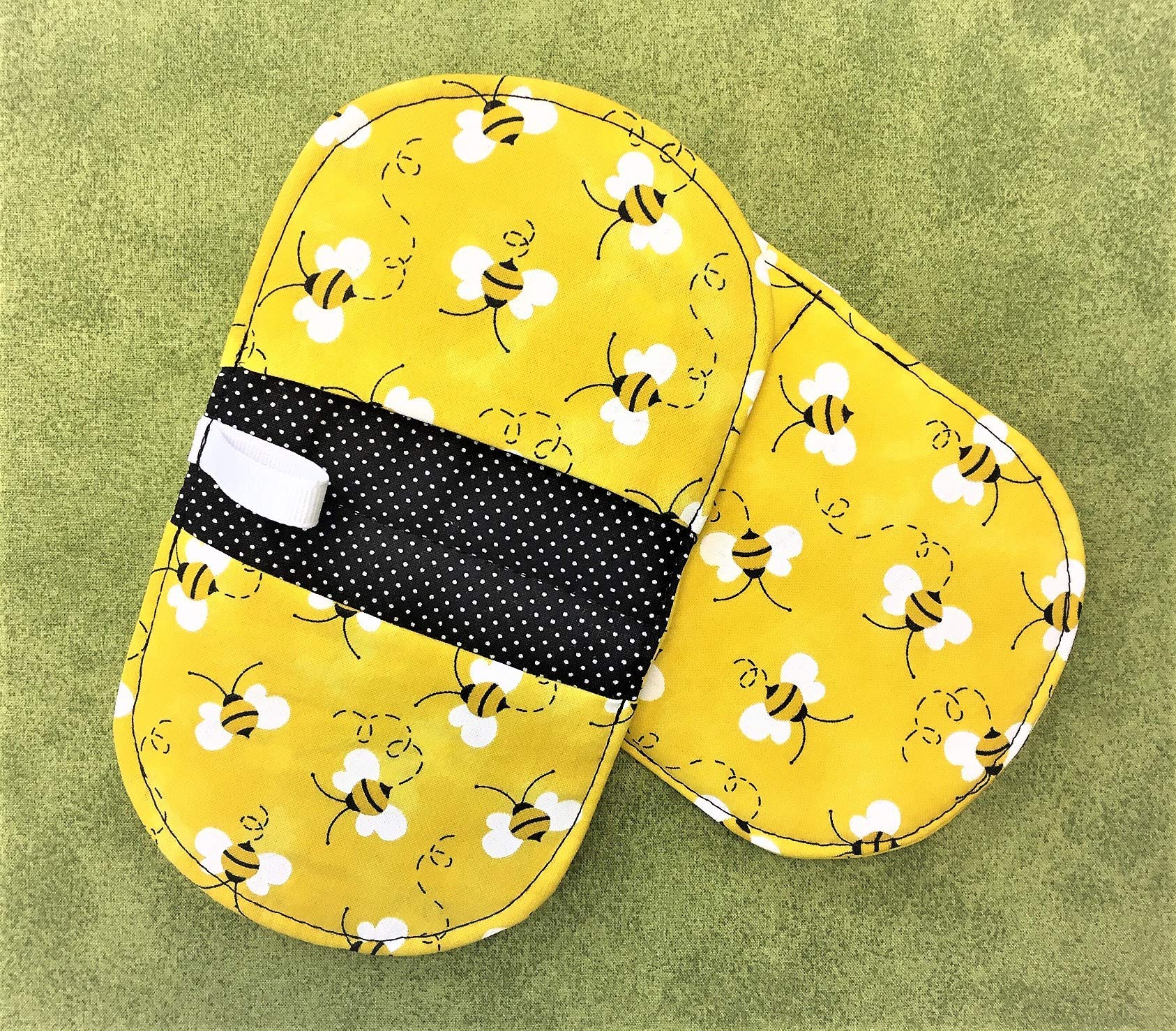 Set of 2 - Honey Bumble Bees White and Black on Yellow Oval Shaped Pot Holders Hot Pan Plate Pads Microwave Mitts