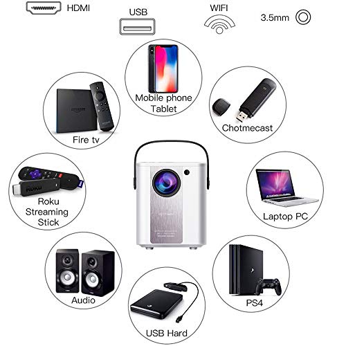 Portable Mini Projector Outdoor 5500Lux Full HD 1080P and 120'' Display Supported,HiFi Speaker Portable Wireless Mirroring Projector for TV Stick/PC/PS4/HDMI Home Theater