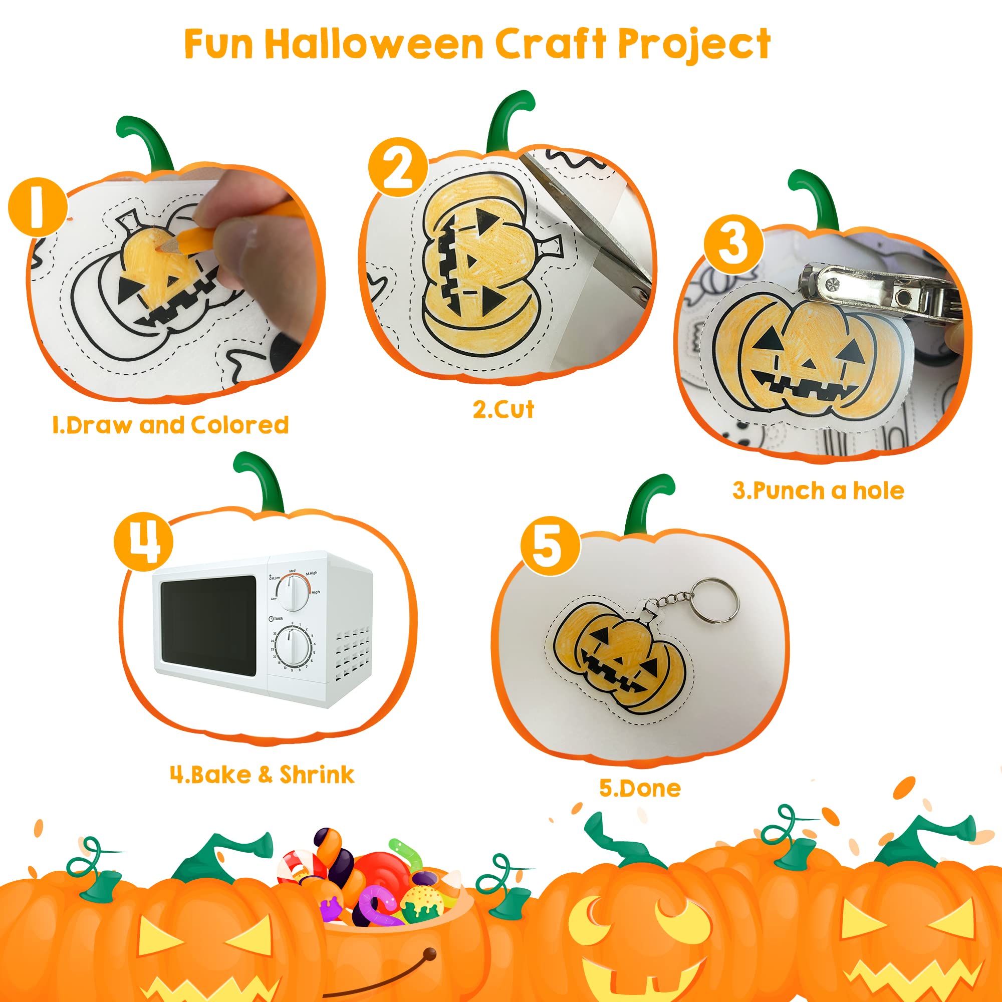 Warckon 141Pcs Halloween Shrink Plastic Kit Include 8 Pcs Traceable Halloween Shrinky Plastic Paper and 8 Pcs Blank Shrinky Plastic Sheets and 125 Keychains Accessories, for Kids Creative Craft