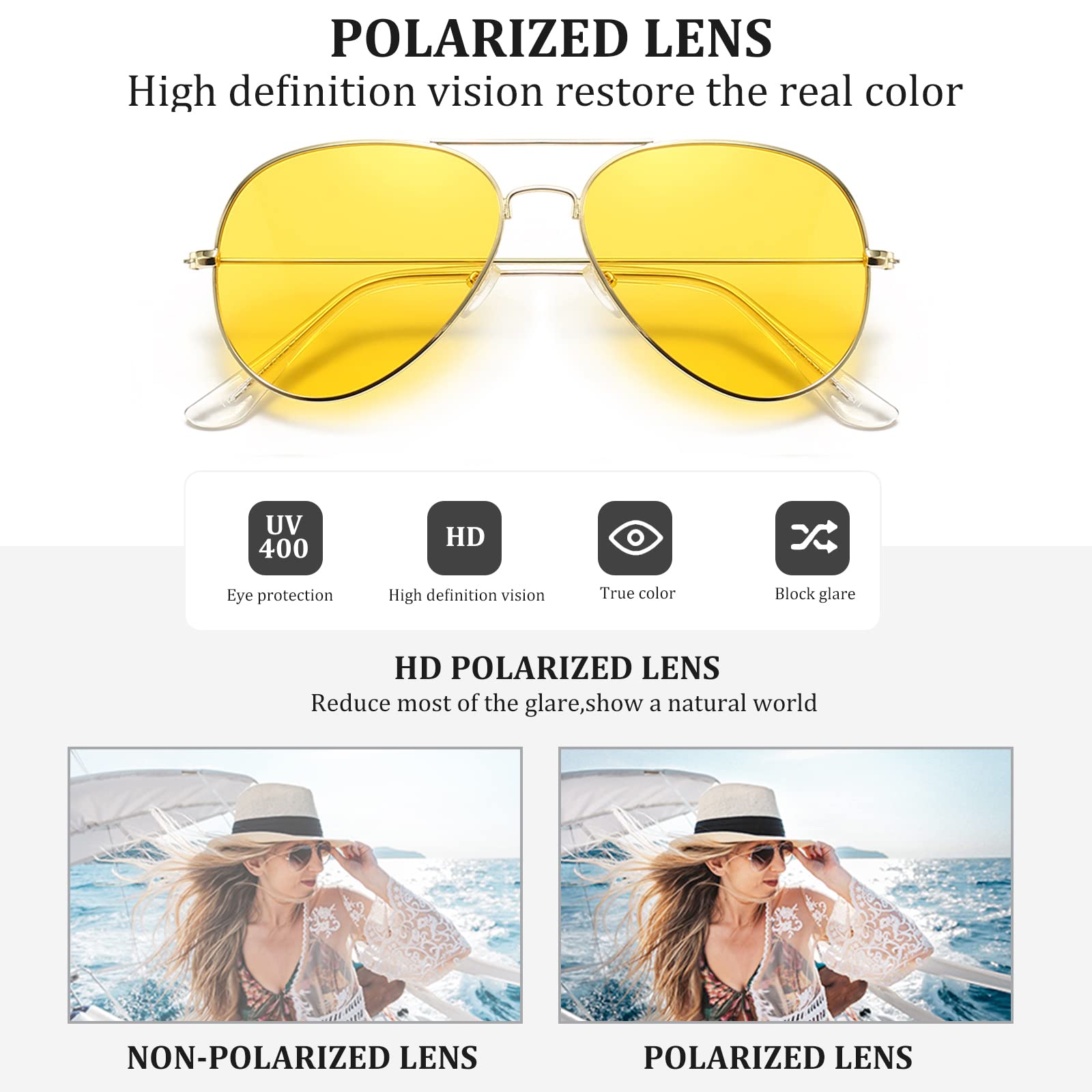 Outray Night Vision Polarized Aviator Sunglasses for Driving (Gold Frame/Yellow Lens, Yellow)