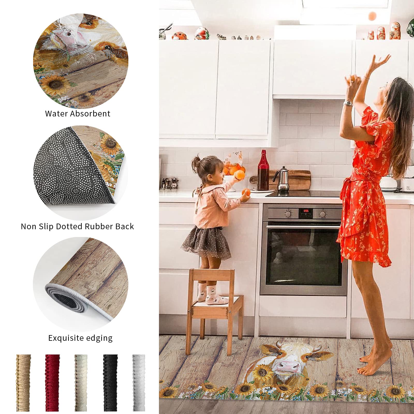 Set of 2 Non-Slip Kitchen Mat 2 Piece Sunflower Cow Comfort Standing Kitchen Mat Waterproof and Oil Proof Farmhouse Animals Cute Rustic Wood