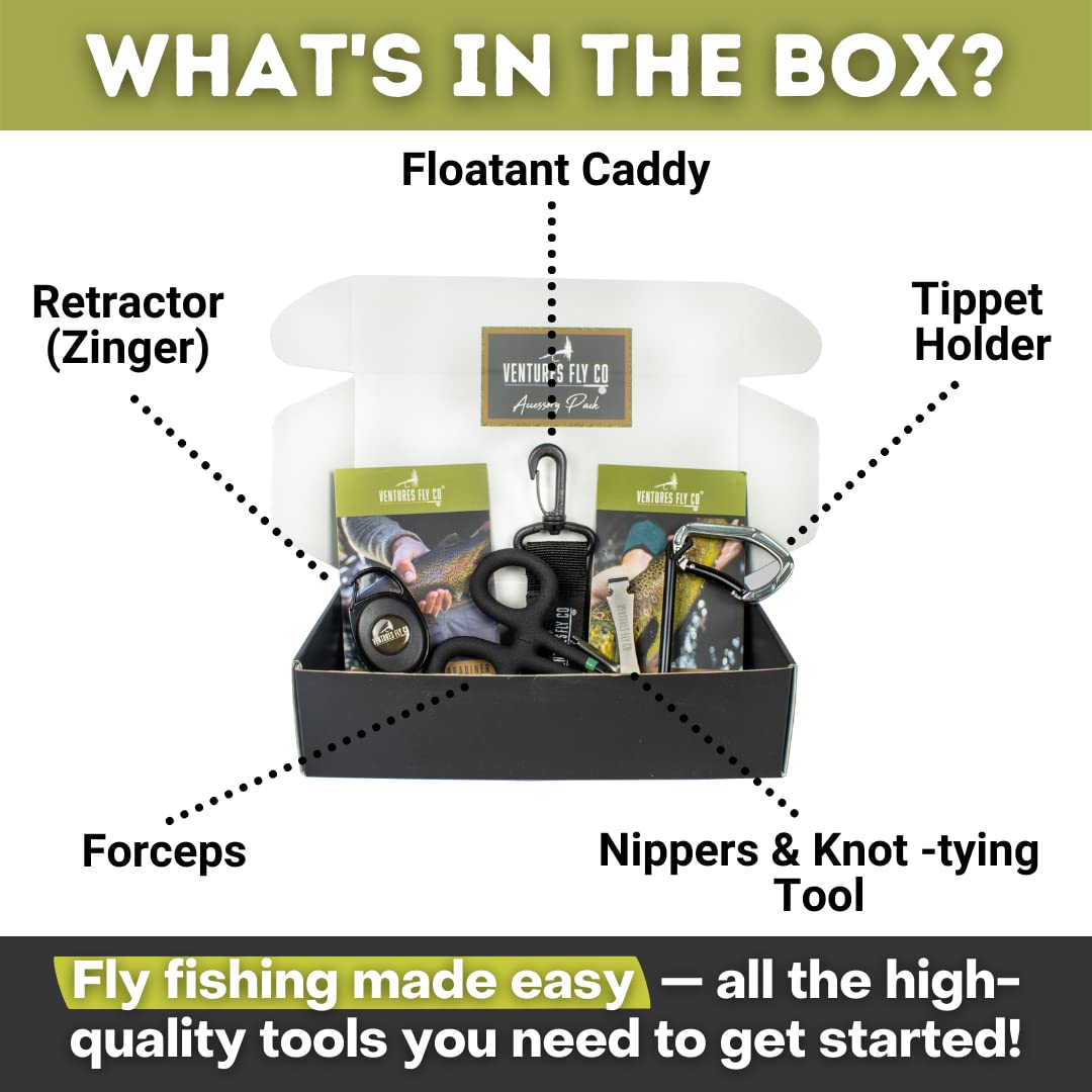VENTURES FLY CO. | Fly Fishing Accessories Pack | Nippers & Nail Knot Tying Tool Combo, Hook Remover Forceps & Pliers, Tippet Holder, Floatant Caddy, Zinger Retractor | Trout Gear Assortment Kit