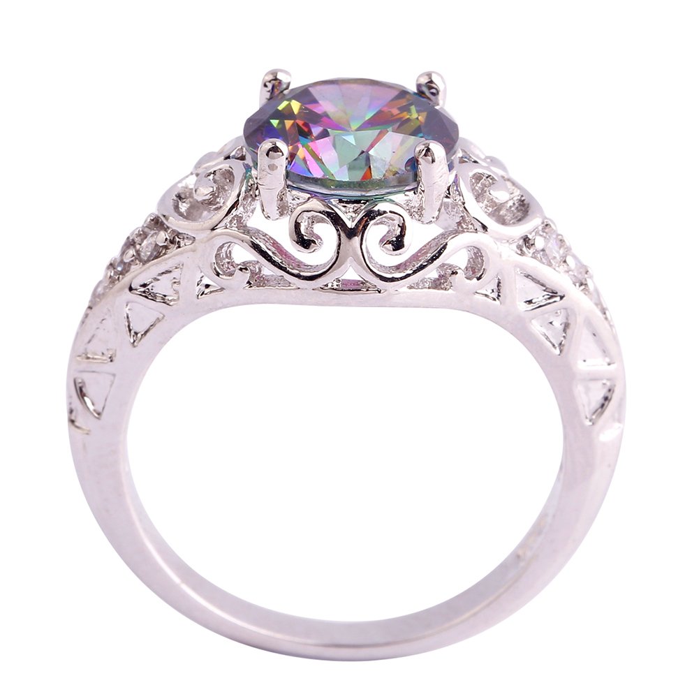 Psiroy 925 Sterling Silver Plated Round Simulated Rainbow Topaz Floral Cocktail Ring for Women Size 10