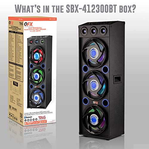 QFX SBX-412300BT TWS Bluetooth Triple 12β Woofer Triple 1β Tweeter Recording High-Performance PA Cabinet Speaker with 10-Band Graphic EQ, 2 Microphone Inputs, Guitar Input, and AUX Input, Blue