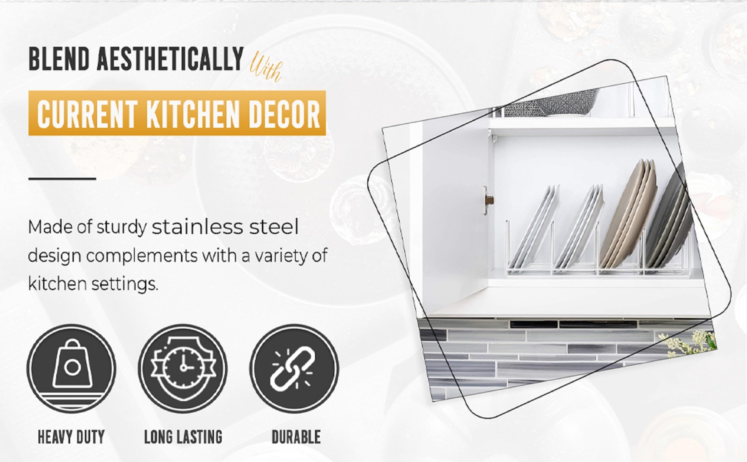 YBM Home Wire Dish Storage Rack for Plates, Cutting Boards, Bakeware, Pots and Pans, Serving Trays, Lids, and Other Cookware, 3 Section Plate Holder for Cabinets and Cupboards, Silver 2552