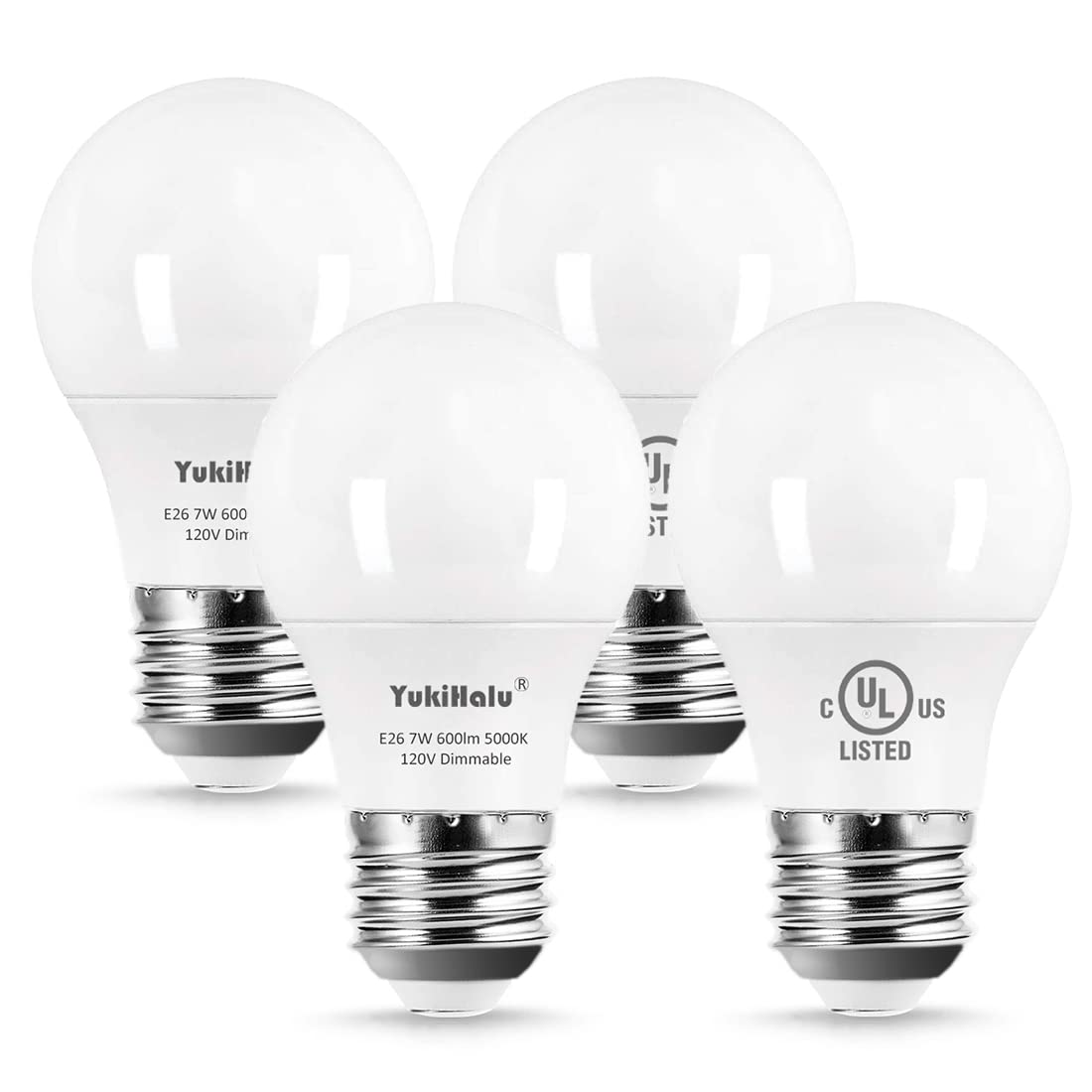 YukiHalu Dimmable A15 LED Light Bulbs, 60W Equivalent, 3000K-5000K White, E26 Base, 7W 600 Lumens 120V, Ceiling Fan Light Bulbs, Appliance Bulb, UL Listed, Pack of 4(3000K Soft White)