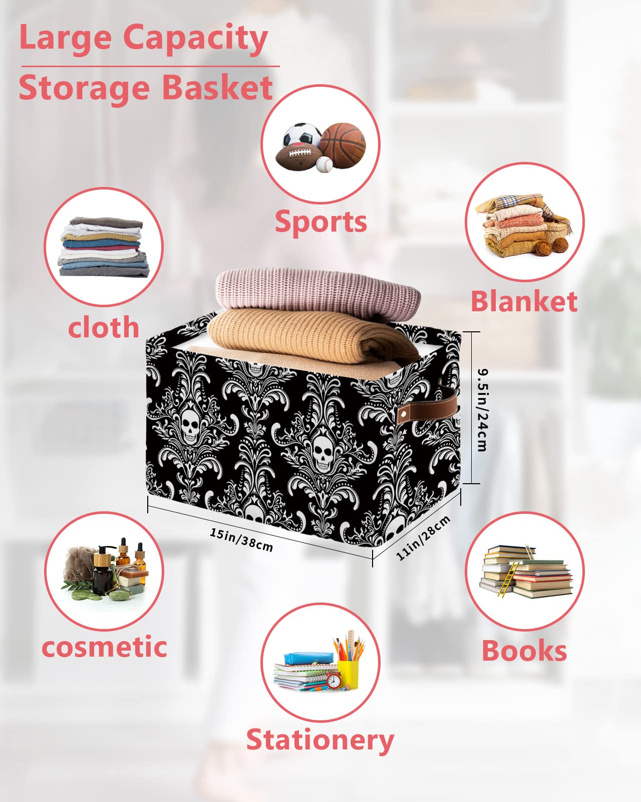 Storage Bins Large Storage Basket,Halloween Scary Skull Skeleton Damask Flower Collapsible Storage Bins with Handle,Black and White Shadow Storage Baskets Cube Organizer for Shelves Closet Nursery