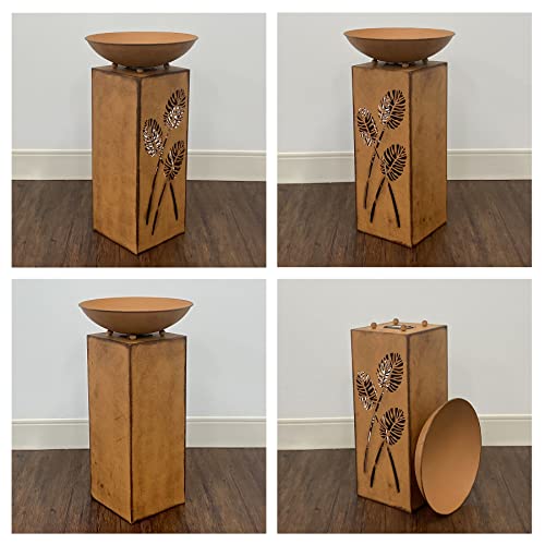 Westcharm Rustic LED Pillar Garden Statue with Planter Dish Bowl and Automatic Timer - Decorative Column Outdoor Statue with Leaves Motif for Home Yard Patio Outdoors Garden Decoration