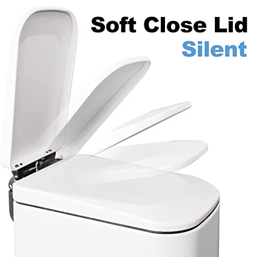 TrashAid Small Bathroom Trash Can with Lid Soft Close, 6 Liter / 1.6 Gallon Stainless Steel Garbage Can Narrow with Removable Inner Bucket, Step Pedal (White)