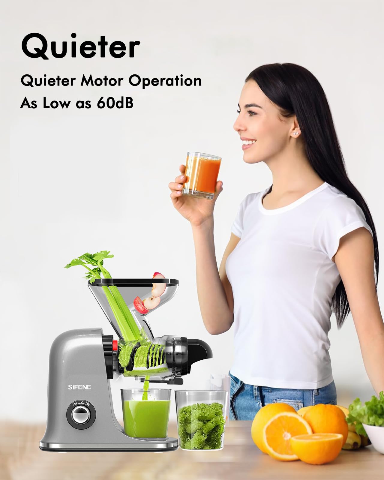 SiFENE Cold Press Juicer Machine, Dual Feed Chute Slow Masticating Juicer, Vegetable and Fruit Juice Maker Squeezer Machines, Recipes Included