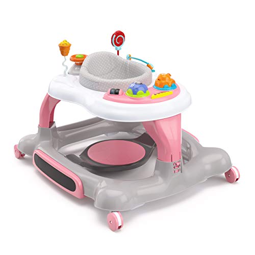 Storkcraft 3-in-1 Activity Walker and Rocker with Jumping Board and Feeding Tray, Interactive Walker for Toddlers and Infants, Pink