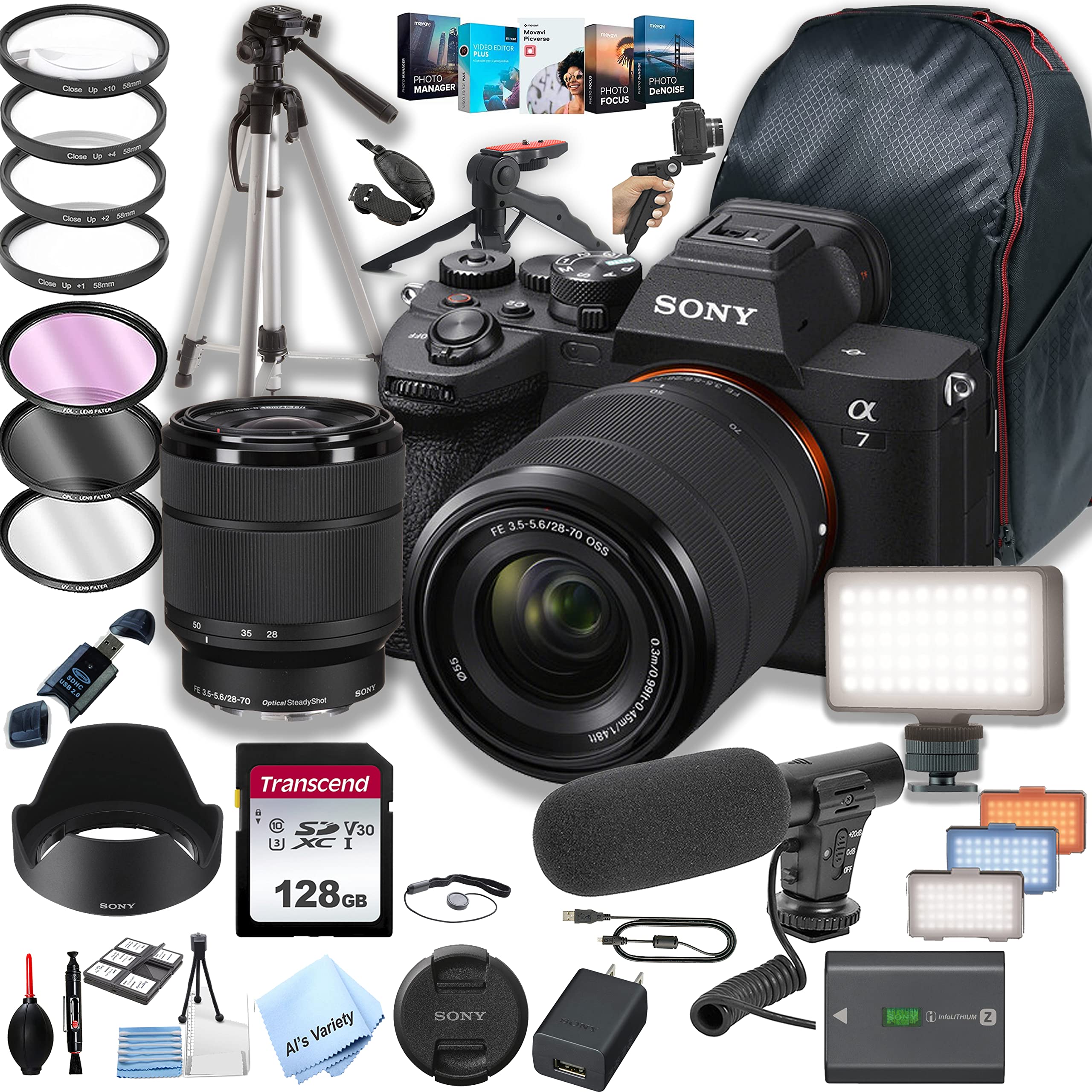 Sony a7 IV Mirrorless Digital Camera with 28-70mm Lens + + 128GB Memory + LED Video Light + Microphone + Back Pack + Steady Grip Pod + Tripod + Filters + Software + More (36pc Bundle)