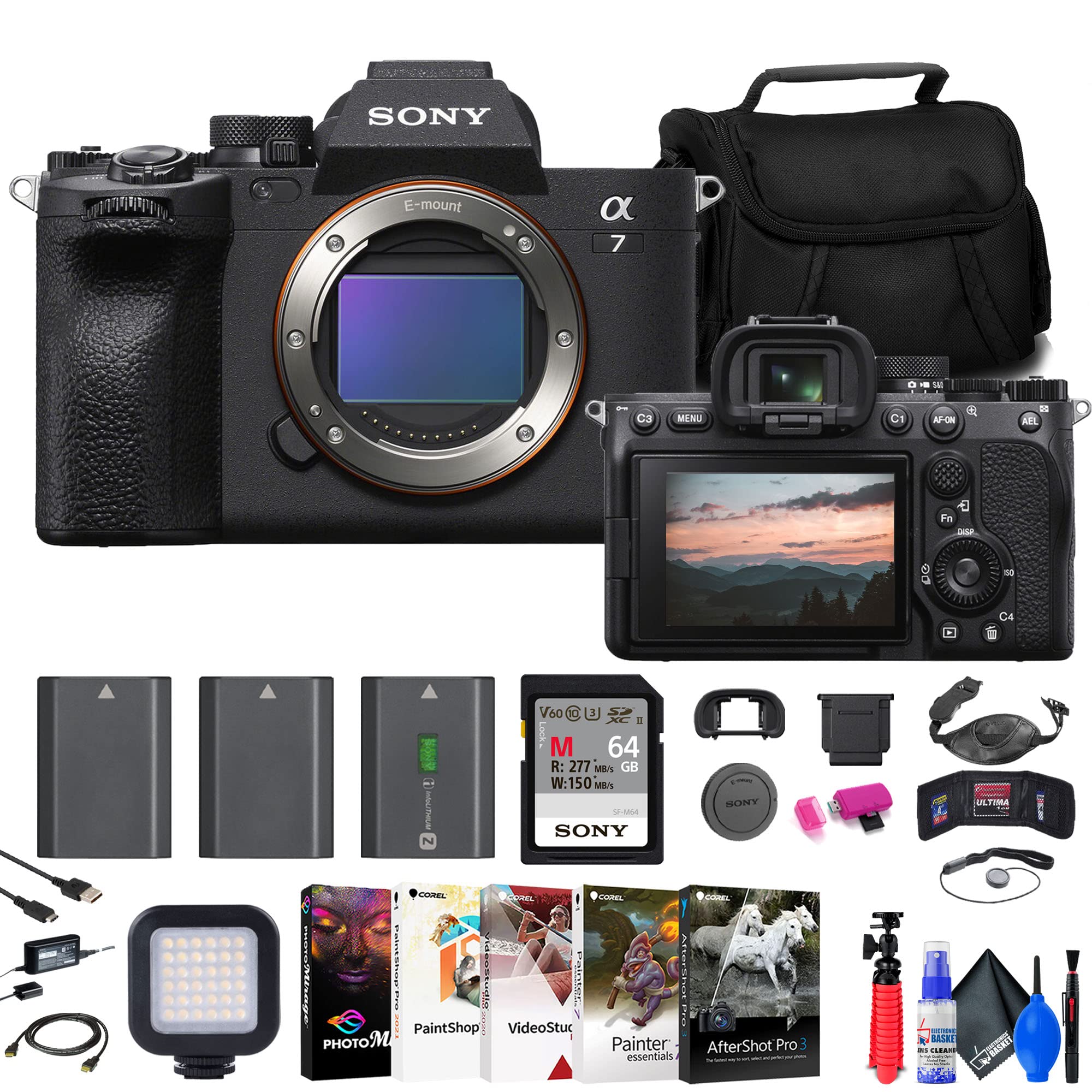 Sony a7 IV Mirrorless Camera (ILCE-7M4/B) + 64GB Memory Card + Bag + 2 x NP-FZ100 Compatible Battery + Card Reader + LED Light + Corel Photo Software + Flex Tripod + Hand Strap + More (Renewed)
