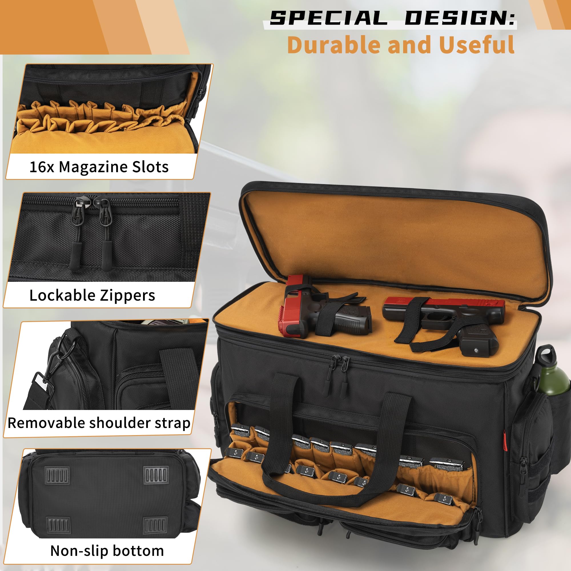 OUUTMEE Tactical Pistol Range Bag with 4 Pistol Cases, Shooting Duffle Range Pistol Bag with 5 Compartments, Multiple Magazine Slots and Extra Pockets for Ammo and Essentials