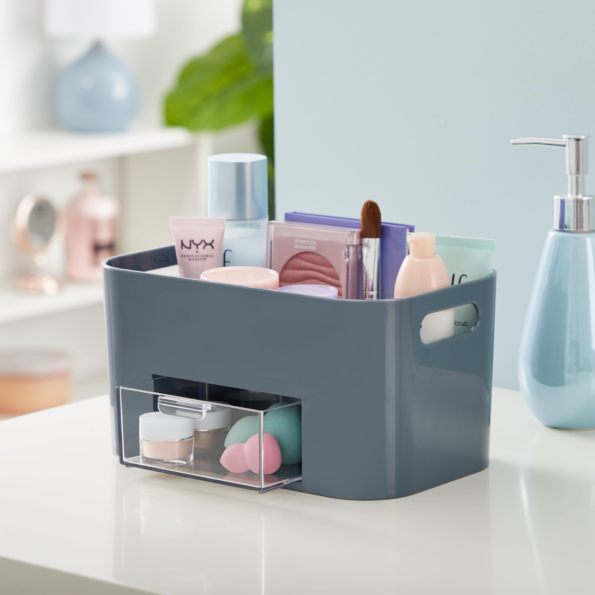 STORi Bliss 4-Compartment Plastic Vanity Organizer with Small Accessory Drawer in Grey | Rectangular Makeup, Skincare, & Cosmetic Storage Bin with Pass-Through Handles | Made in USA