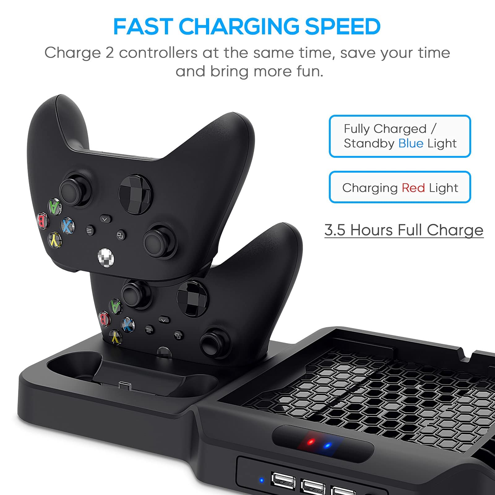 Vertical Cooling Fan Stand with 2 Pack 10ft Charger Cable Compatible with Xbox Series X/S, YUANHOT Charging Station Dock with Dual Controller Charger Ports, Game Storage and Cooler System