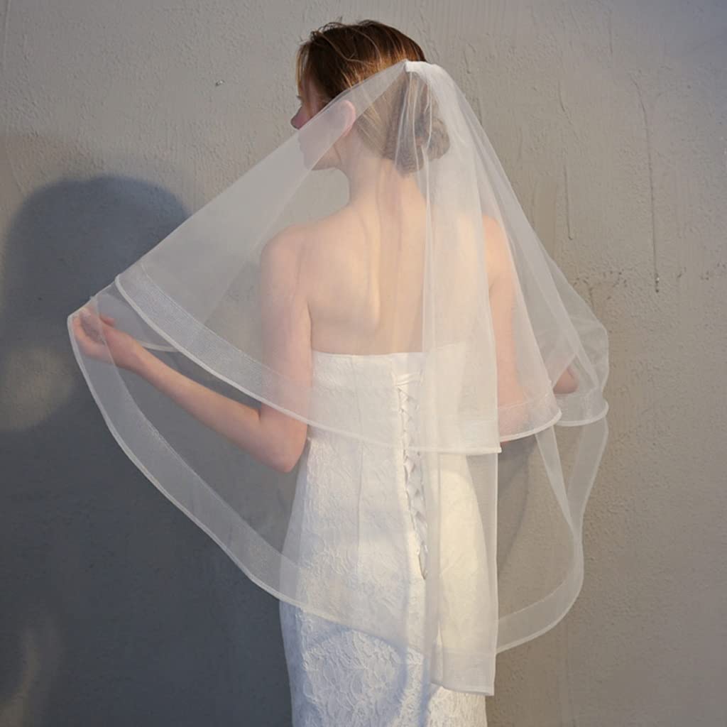 XBWEI 2 Tier Short Illusion Veils Longest Tulle 35" Wedding Bridal Veil with Metal Comb White Hair Accessories for Bride
