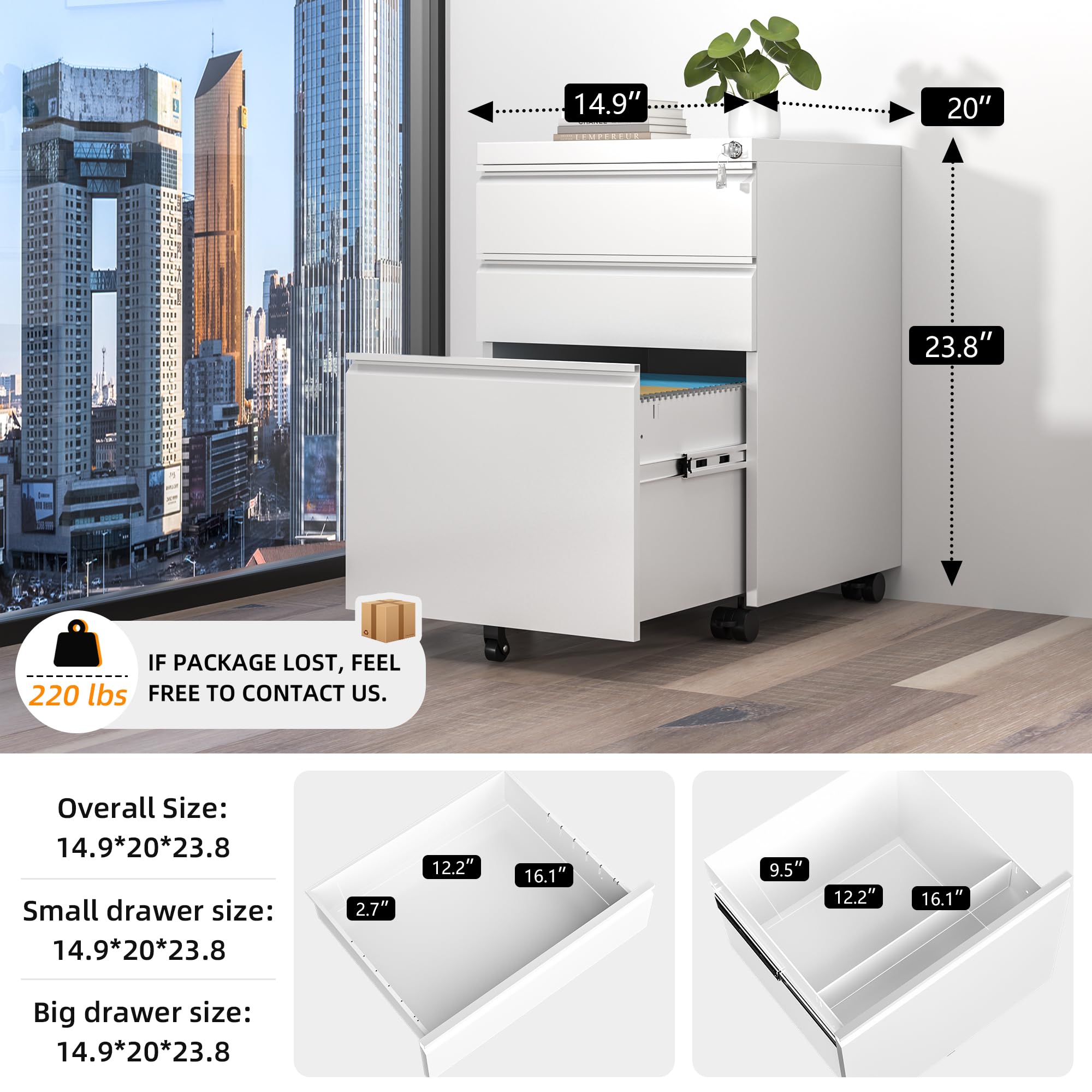 Pataku White File Cabinet 3 Drawer, Mobile File Cabinet with Lock and Wheels, Under Desk Metal Filing Cabinet for Office,Lockable Rolling Cabinet with 2 Keys for Legal/Letter/A4 Size, Easy Assemble