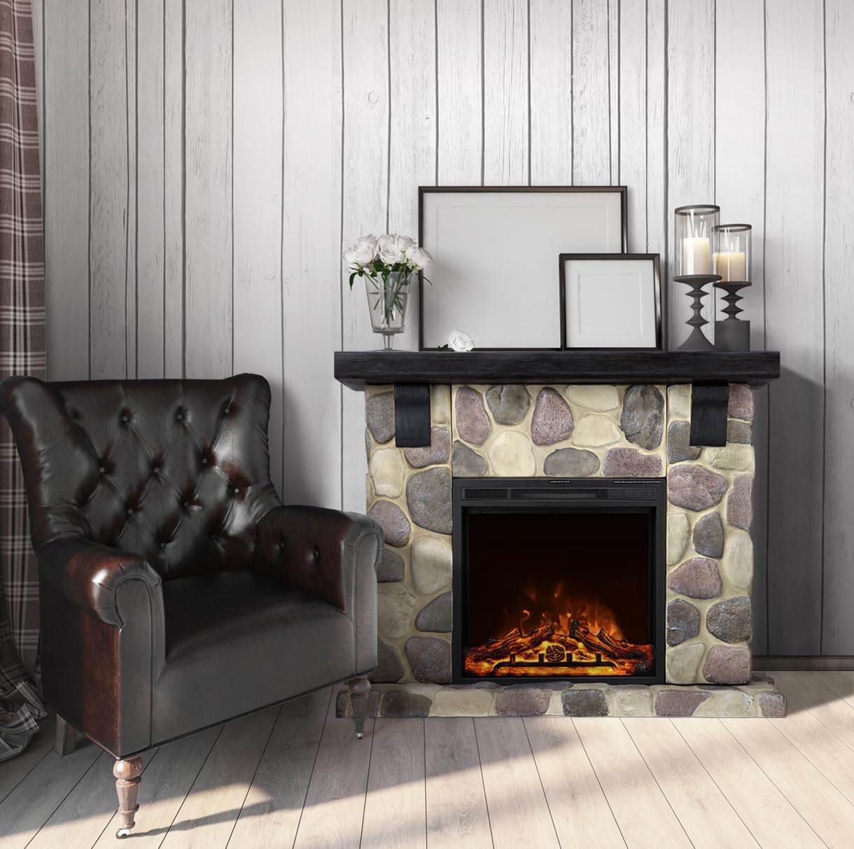 R.W.FLAME Electric Fireplace Mantel Package, 48 inch Freestanding Stone Fireplace Heater TV Stand with Remote Control, 7 Flame Brightness Settings, 750W/1500W,New