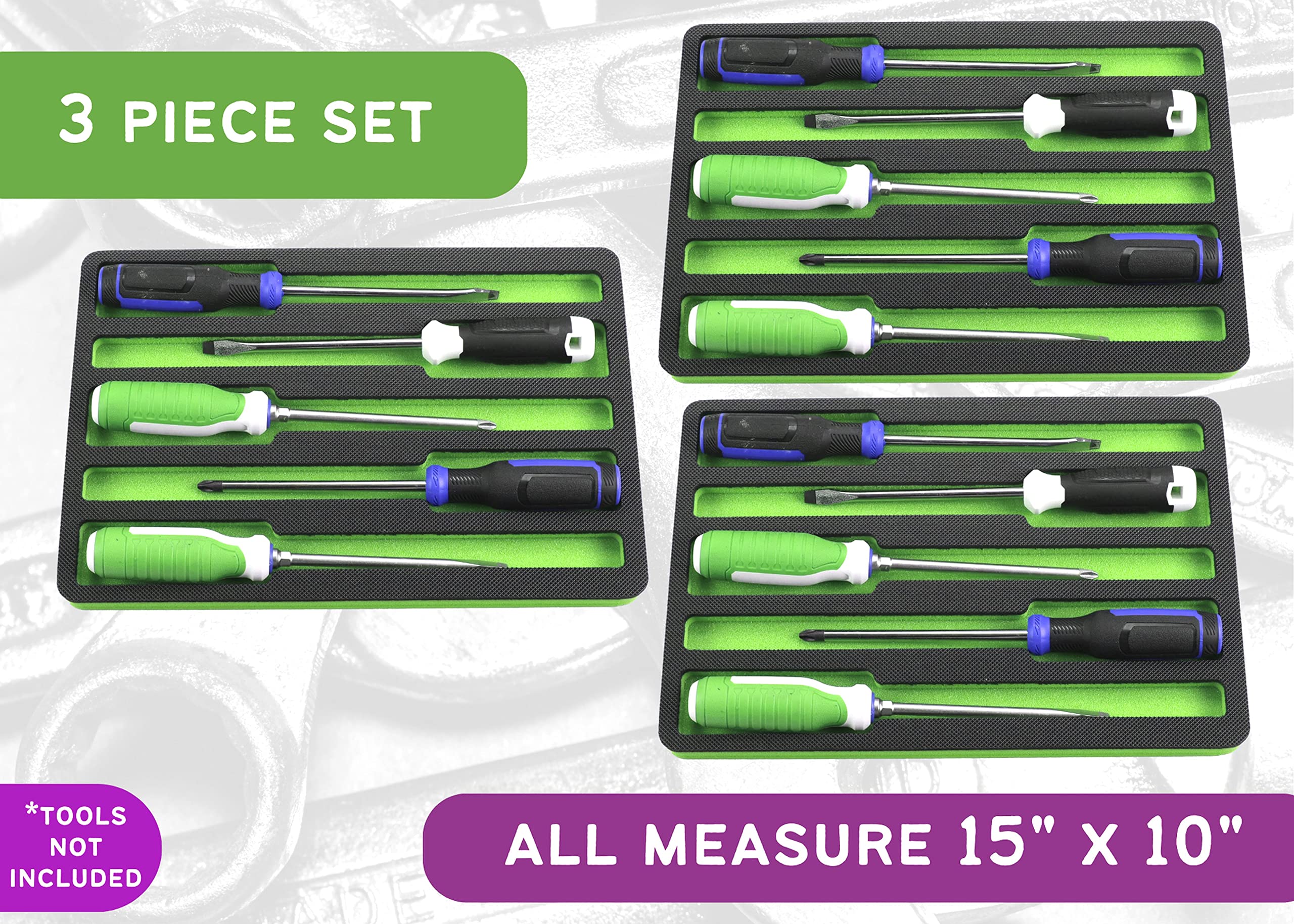 Polar Whale Tool Drawer Organizer 3-Piece Screwdriver Insert Set Green and Black Durable Foam Holds Many Tools 15 x 10 Inch Trays Fits Craftsman Husky Kobalt Milwaukee Many Others