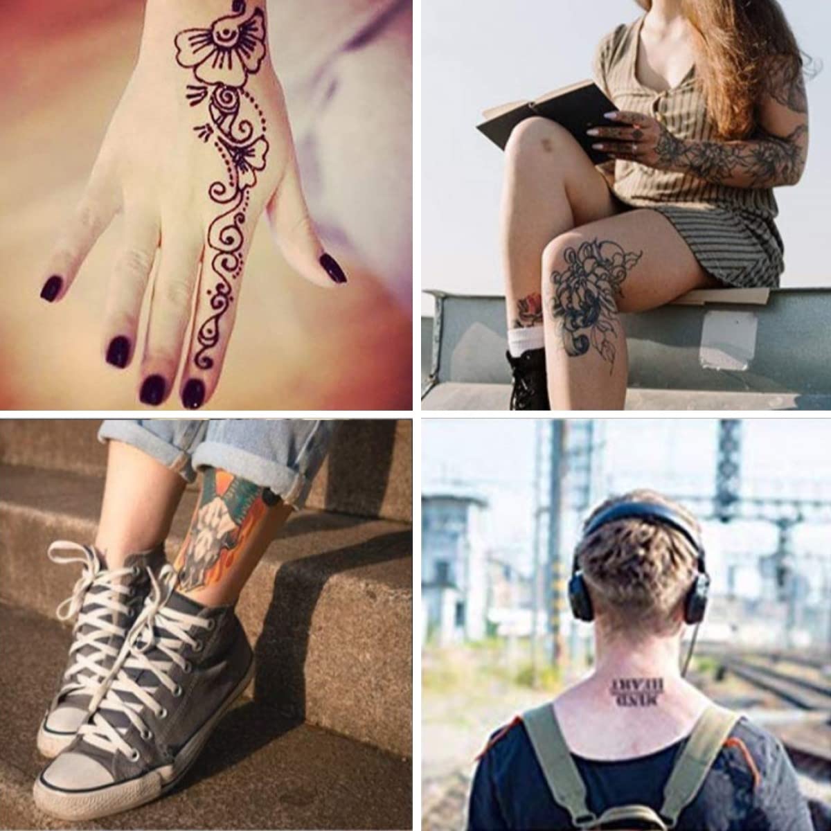 Temporary Tattoo Kit with 6 Colors Semi Permanent Ink DIY Fake Freckles and 64 Patterns Adhensive Stencils for Women Men Kids, Black/Red/Green/Brown/Purple/Blue