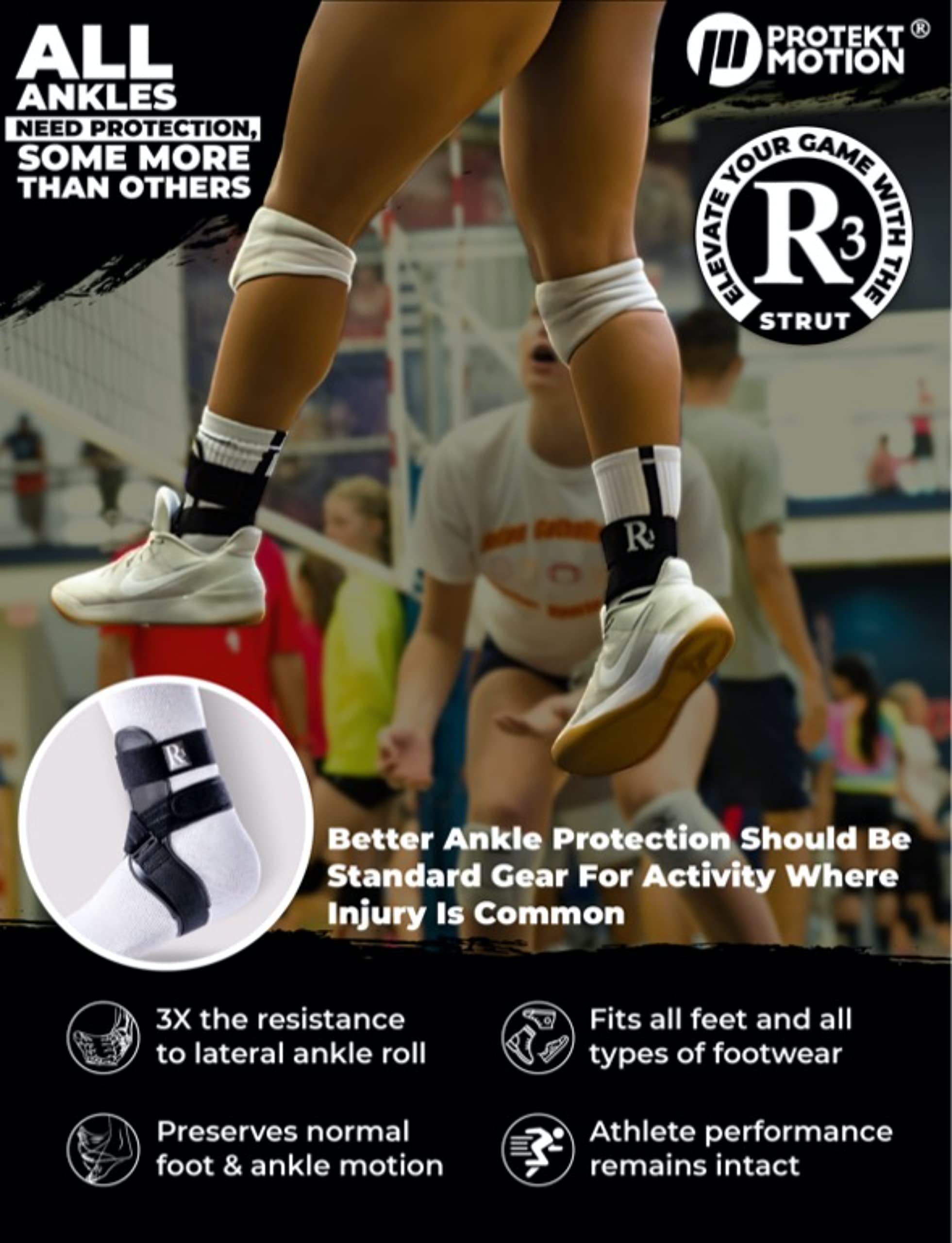 Protekt Motion - R3 STRUT High Performance Sports Ankle Brace; 3X The Ankle Roll Resistance of Old-style Lace-up & Stirrup Braces (Left, Medium)