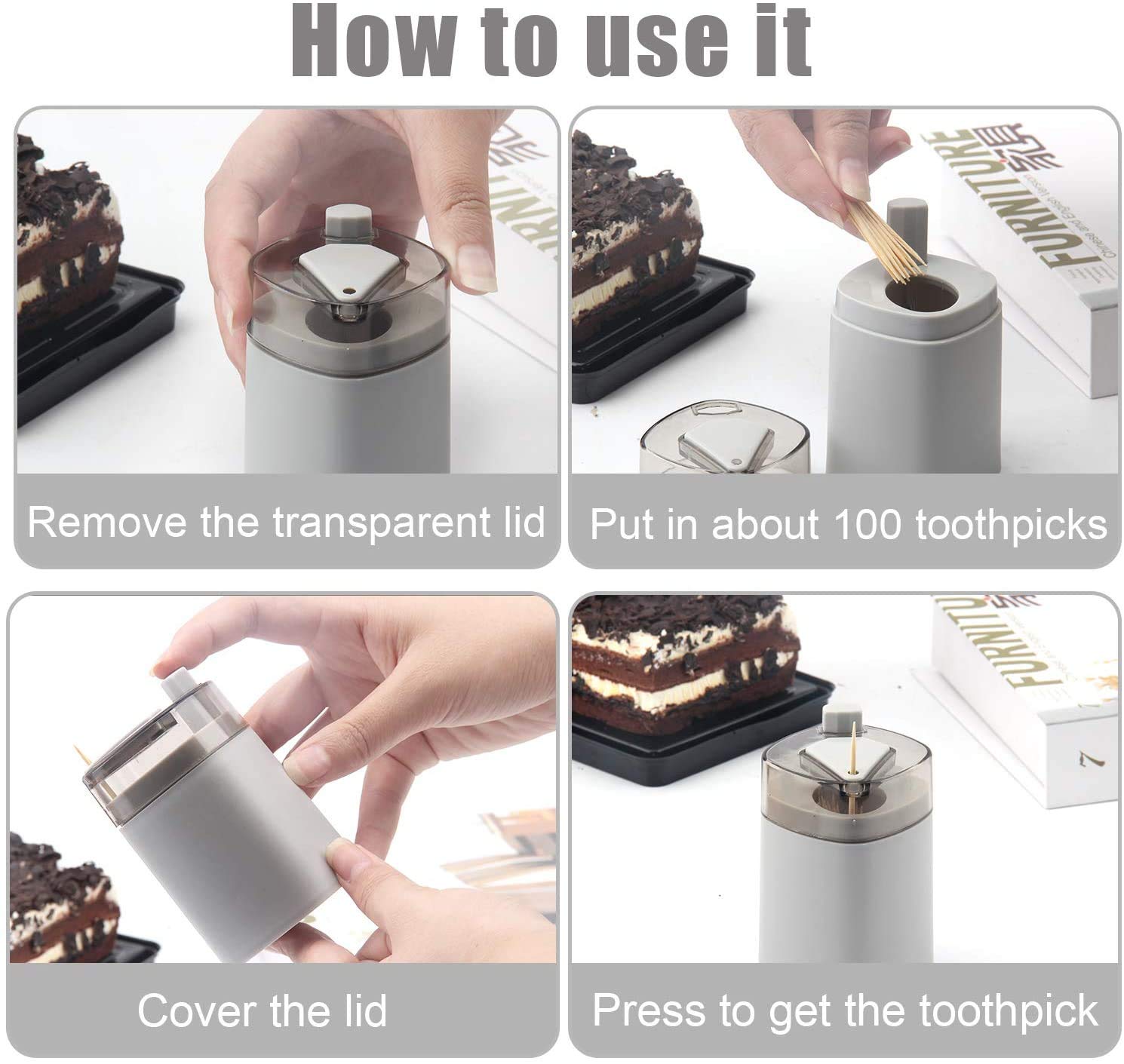 Toothpick Holder Dispenser, Pop-Up Automatic Toothpick Dispenser, Toothpick Storage Box (Grey)